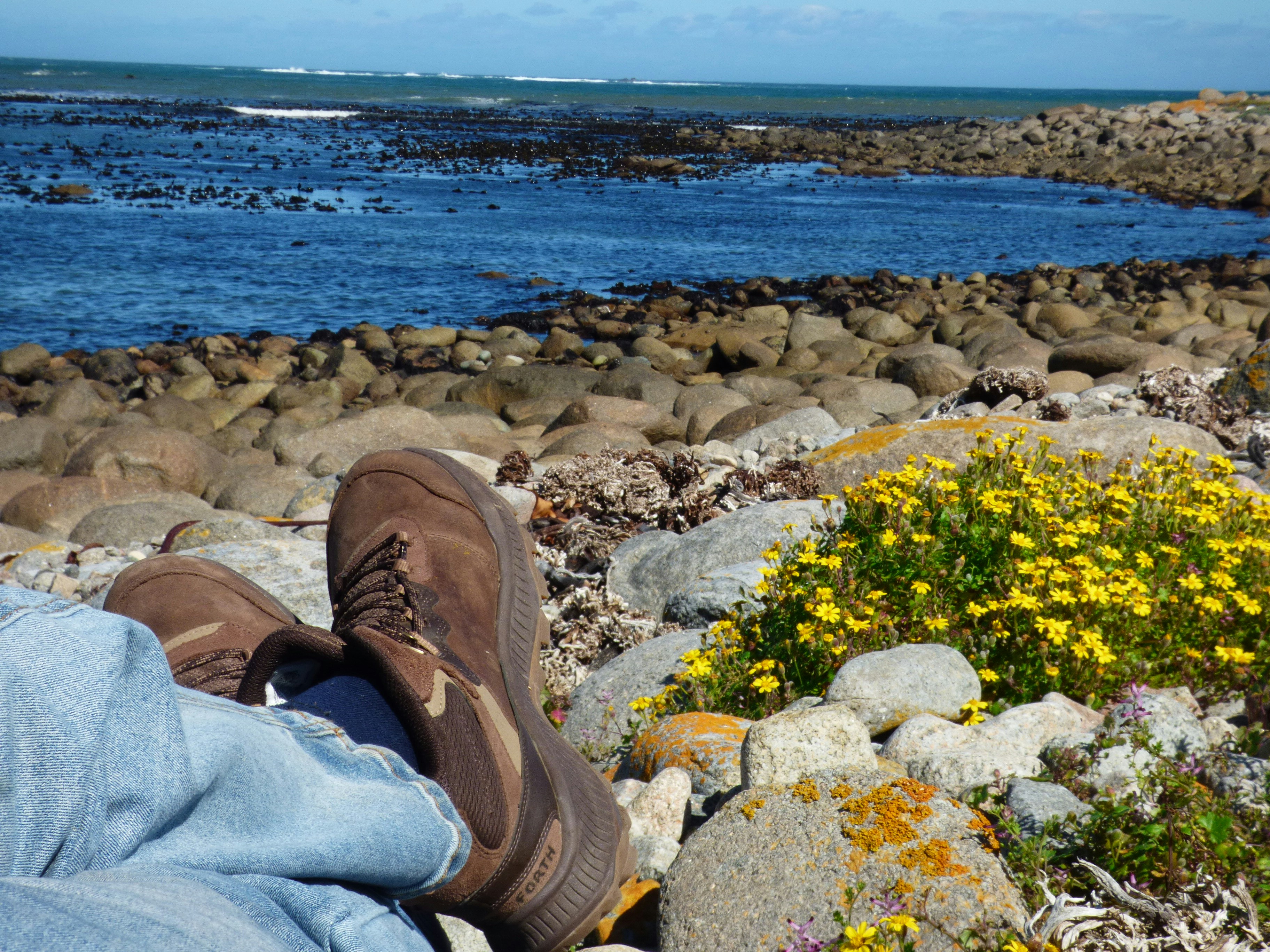 Boots Resting on Sunlit Shoreline Among Coastal Rocks