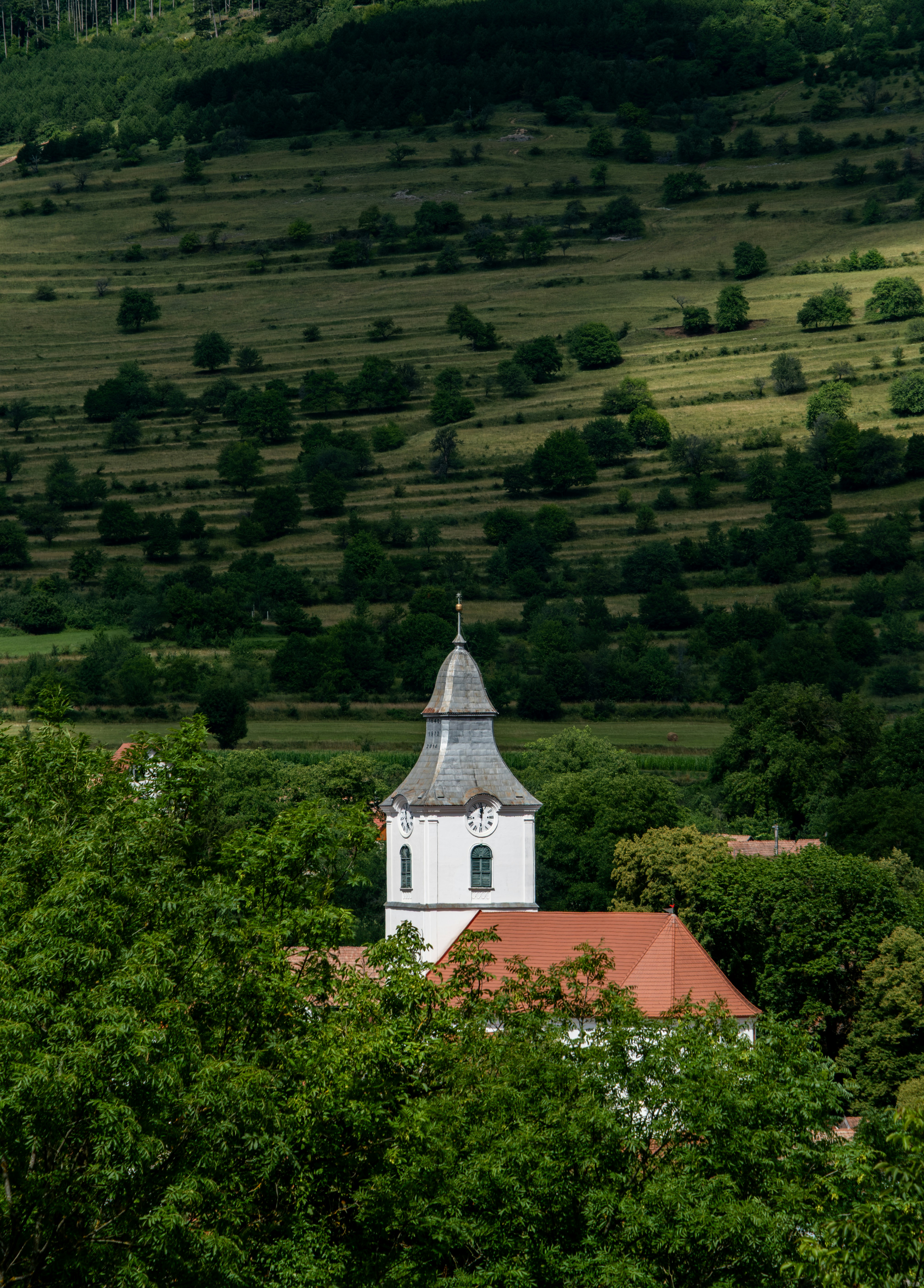 Distant Hilltop Church Serenely Rising Above Green Terraced Slopes