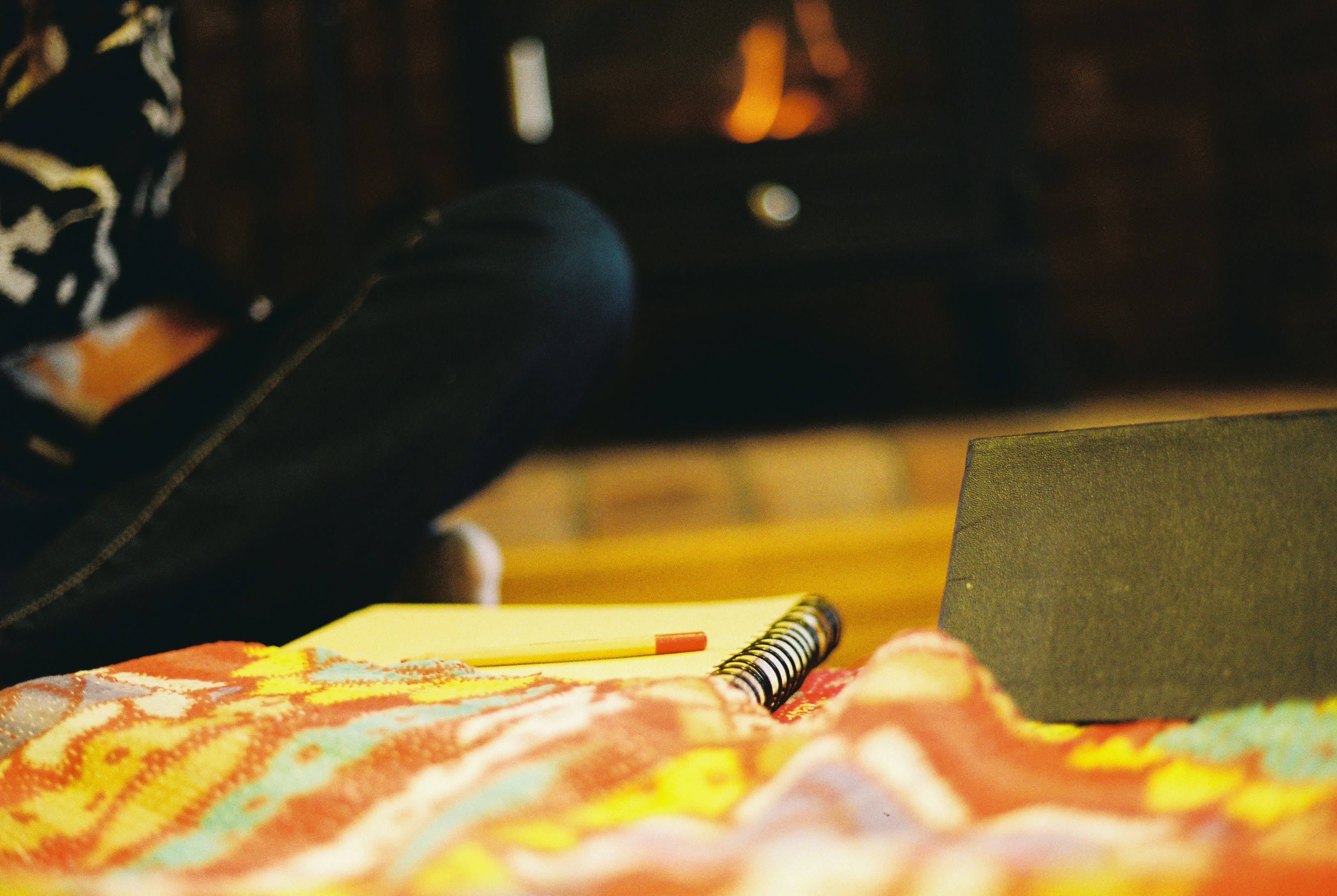 Cozy Studio Corner: Colored Fabric, Pencil, and Echoes by the Fire