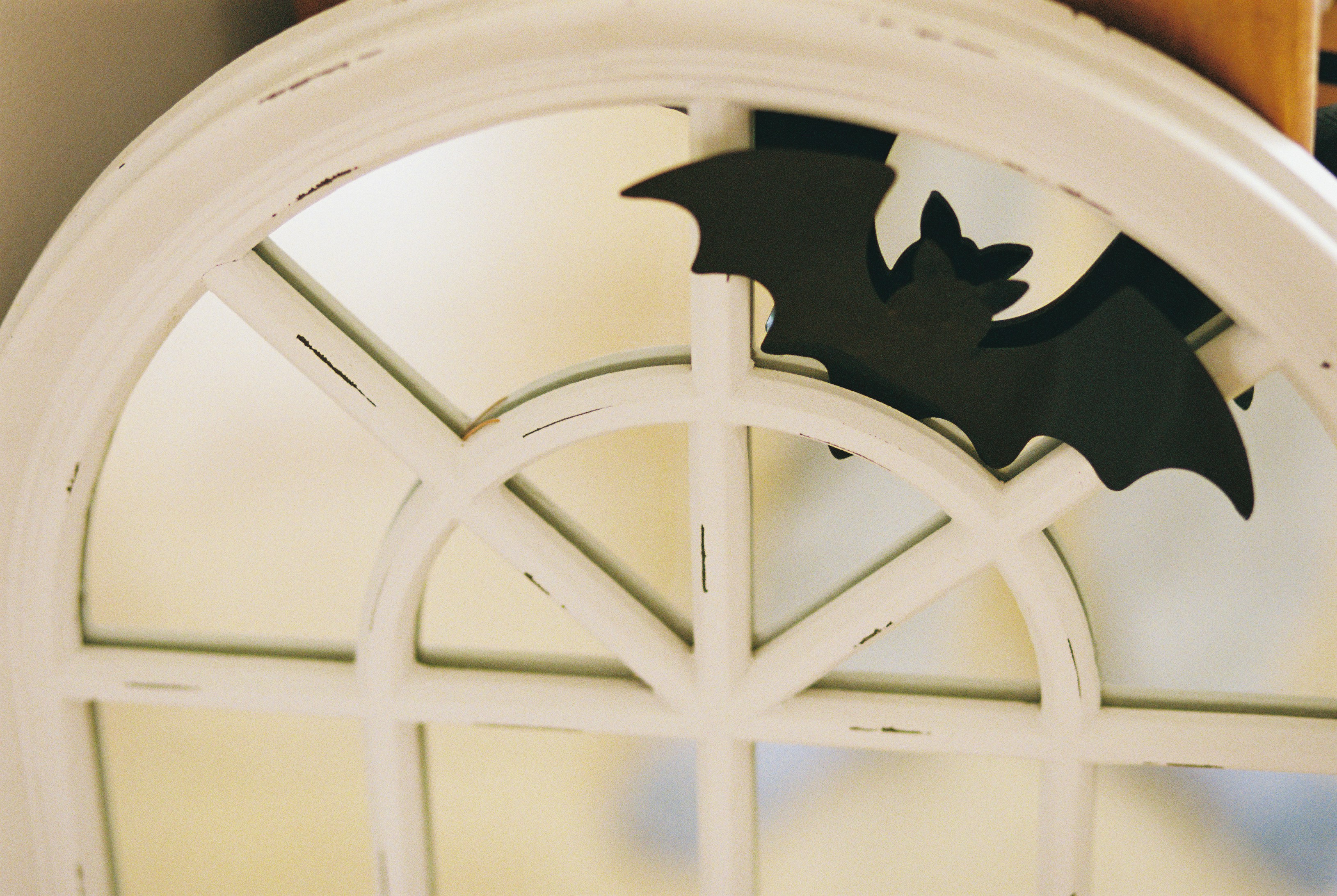 Decorative bat cutout on a circular arched window with soft, warm light and a blurred background.