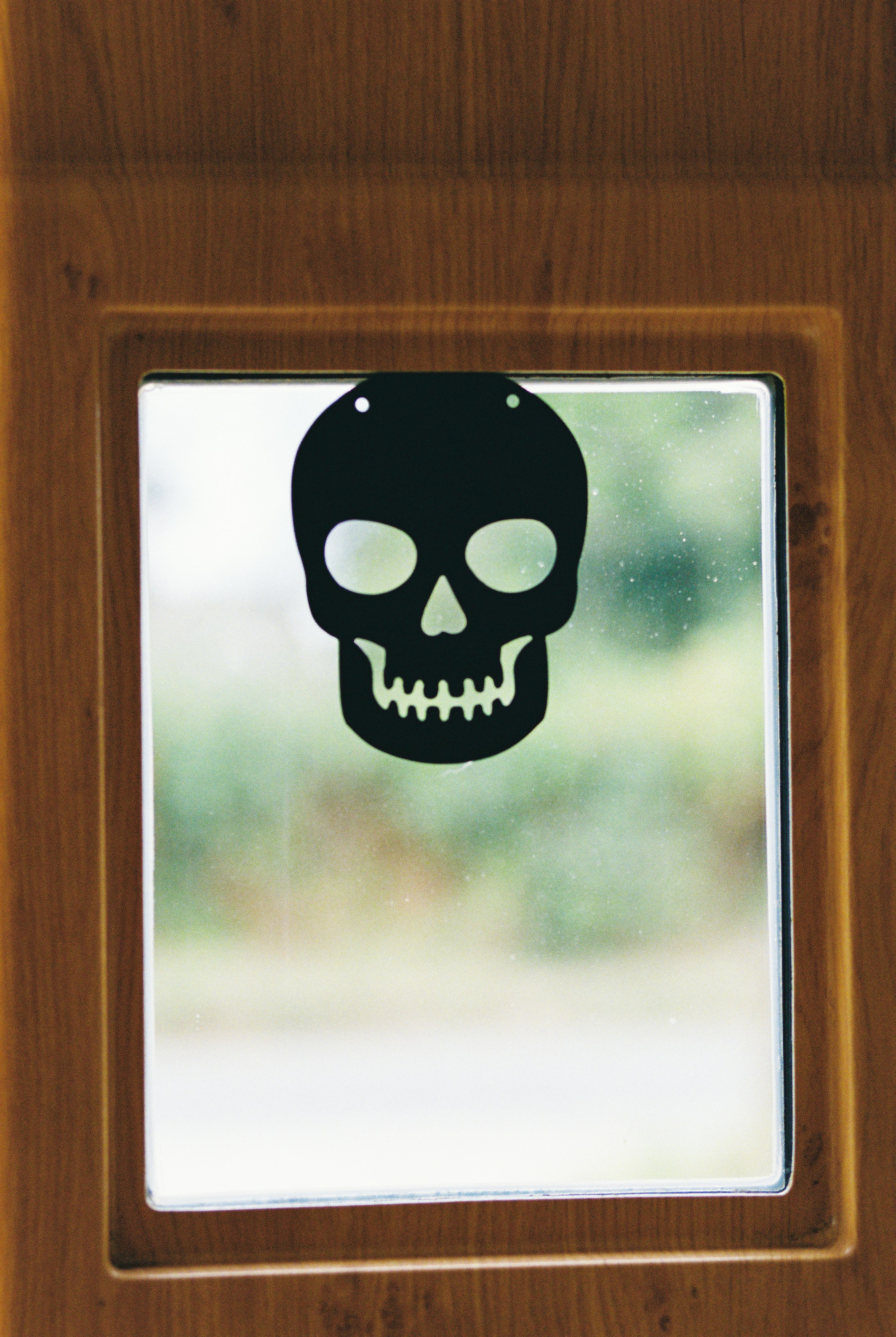 Skull Sticker on Glass Pane Framed by Warm Wood