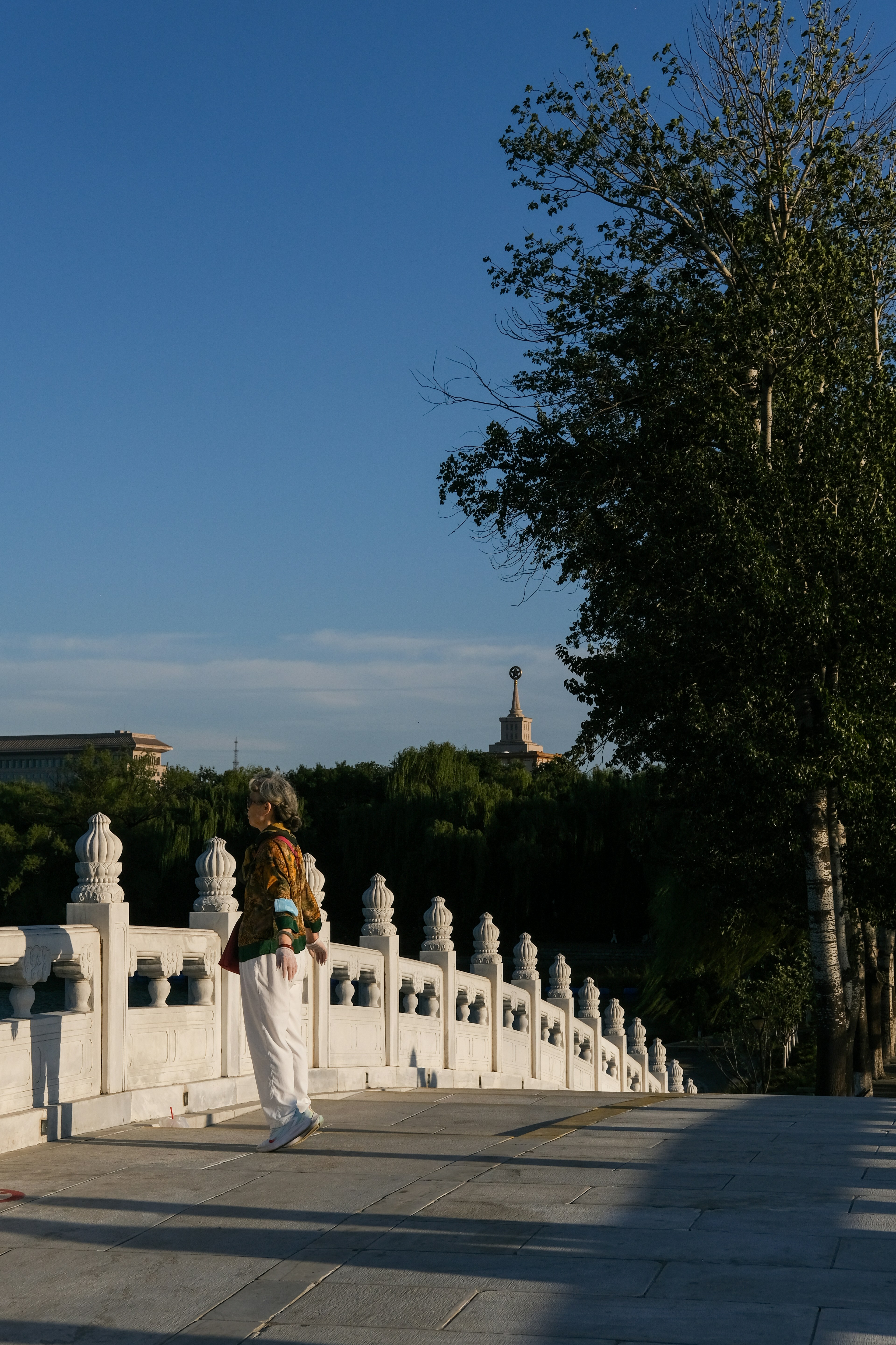 Lonely Wanderer on a Marble Terrace Under a Quiet Sky