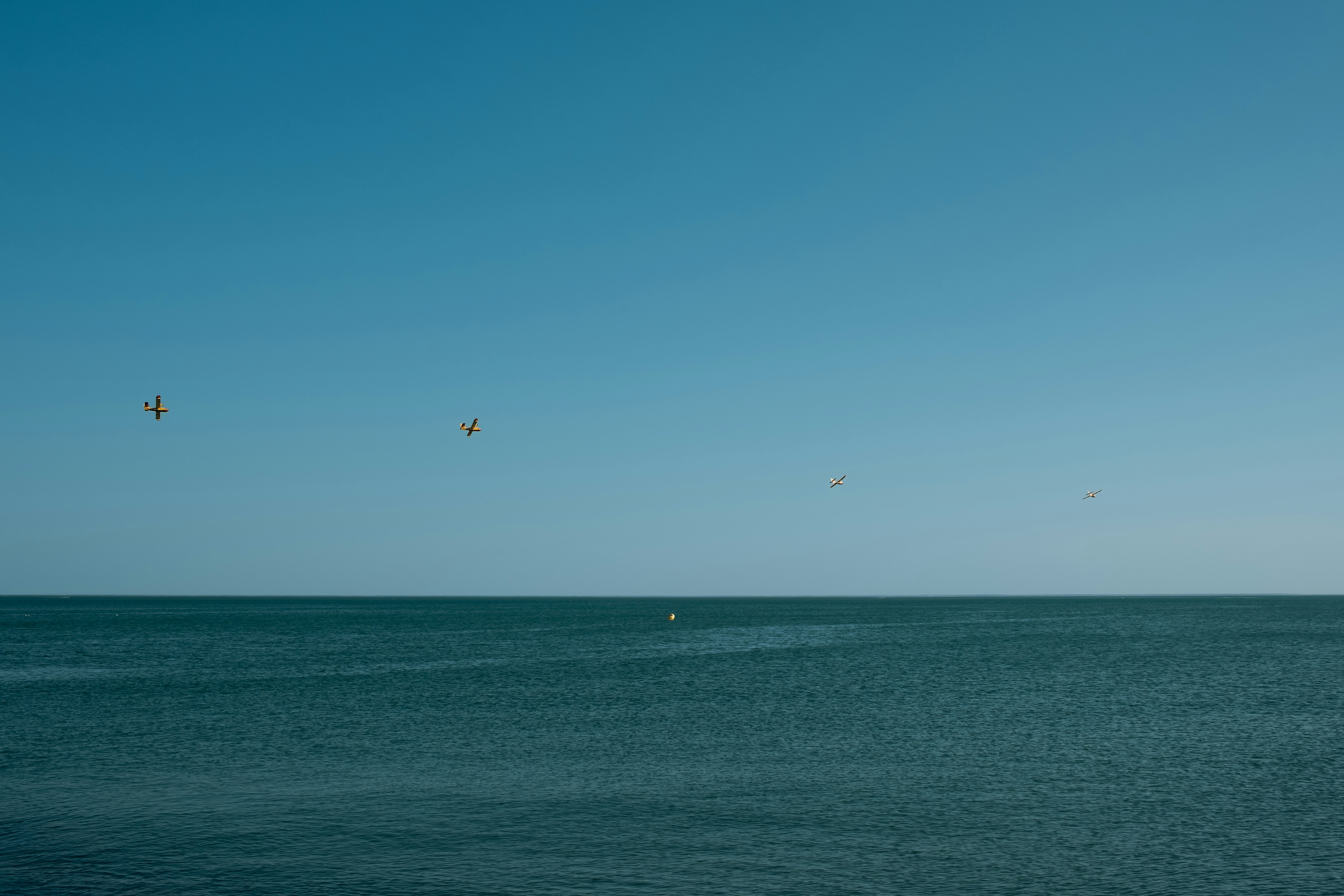 Calm sea meets a expansive blue sky with a few distant birds near the horizon, emphasizing simplicity and vastness of the seascape.