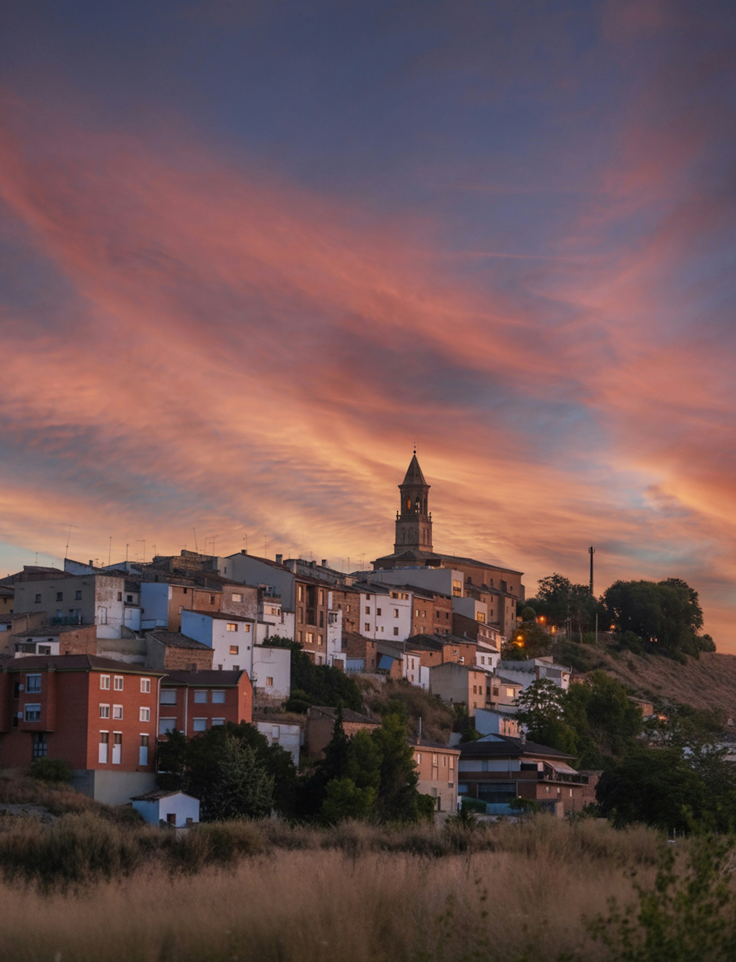 Sunset Over a hillside village: a lone bell tower crowned by warm clouds