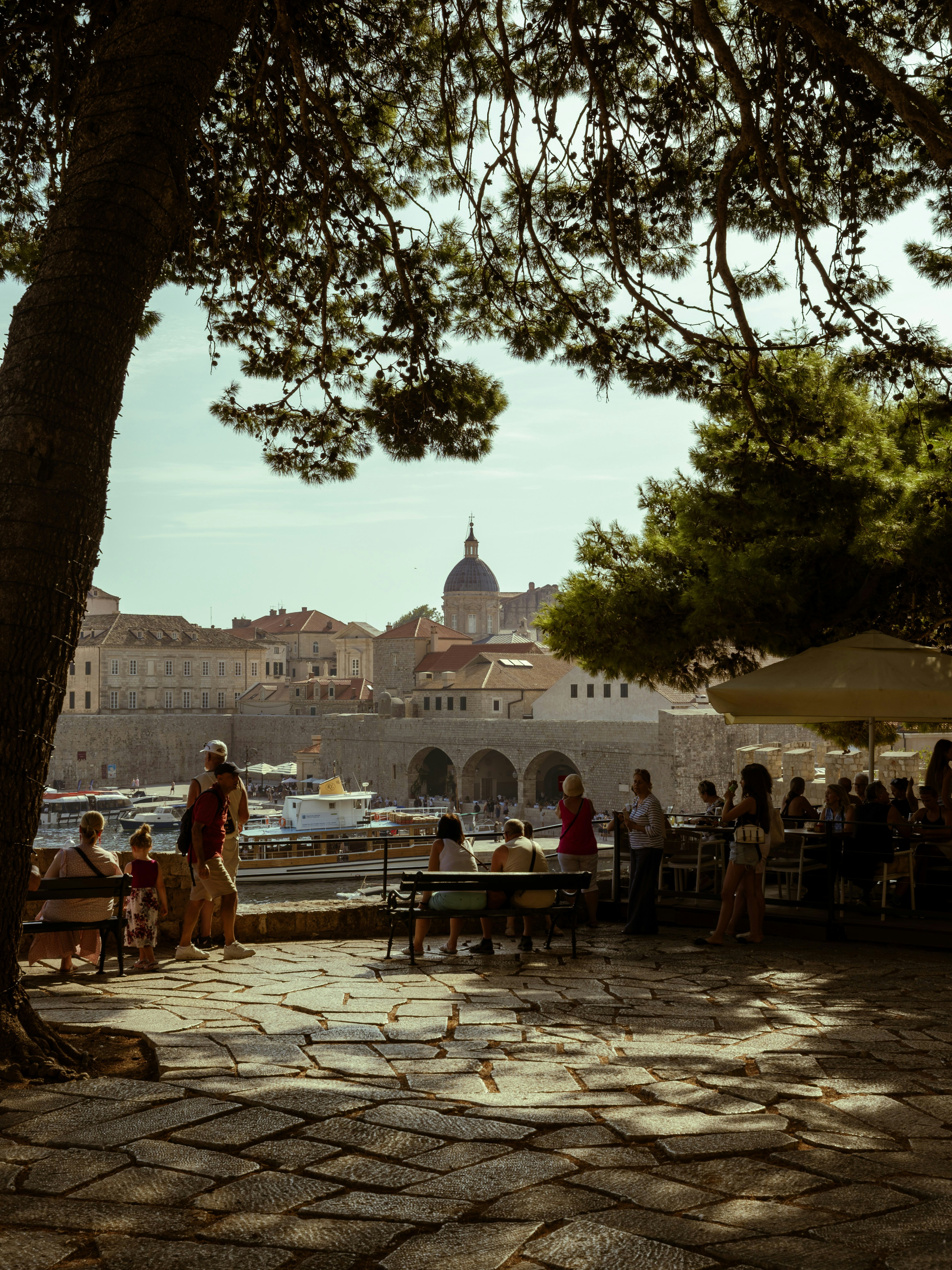 Shadows from trees frame a sunlit terrace by the harbor, where people sit at tables and a stone-paved foreground leads to the old town and domed church across the water.