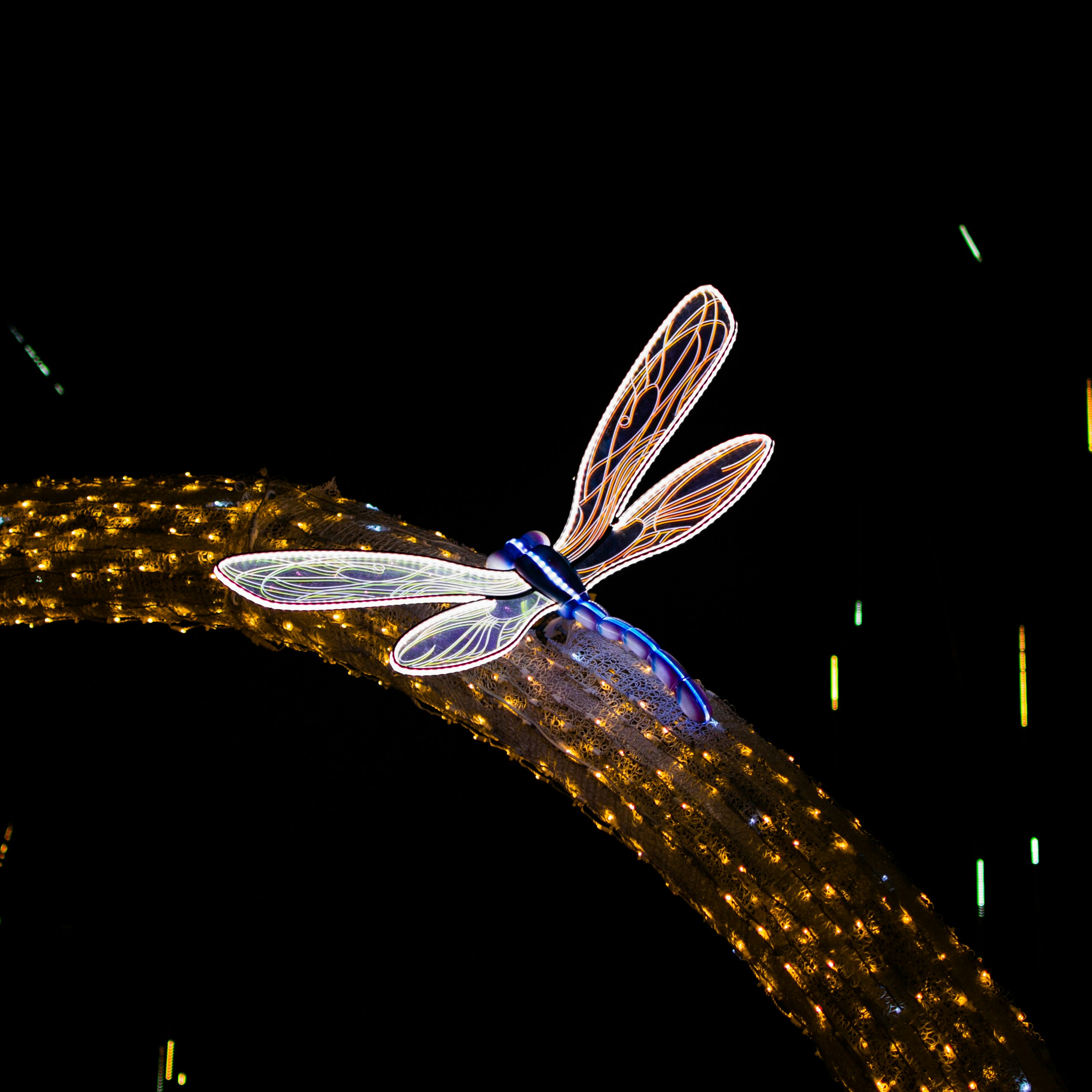 Neon Winged Dragon on a Glowing Curved Arbor