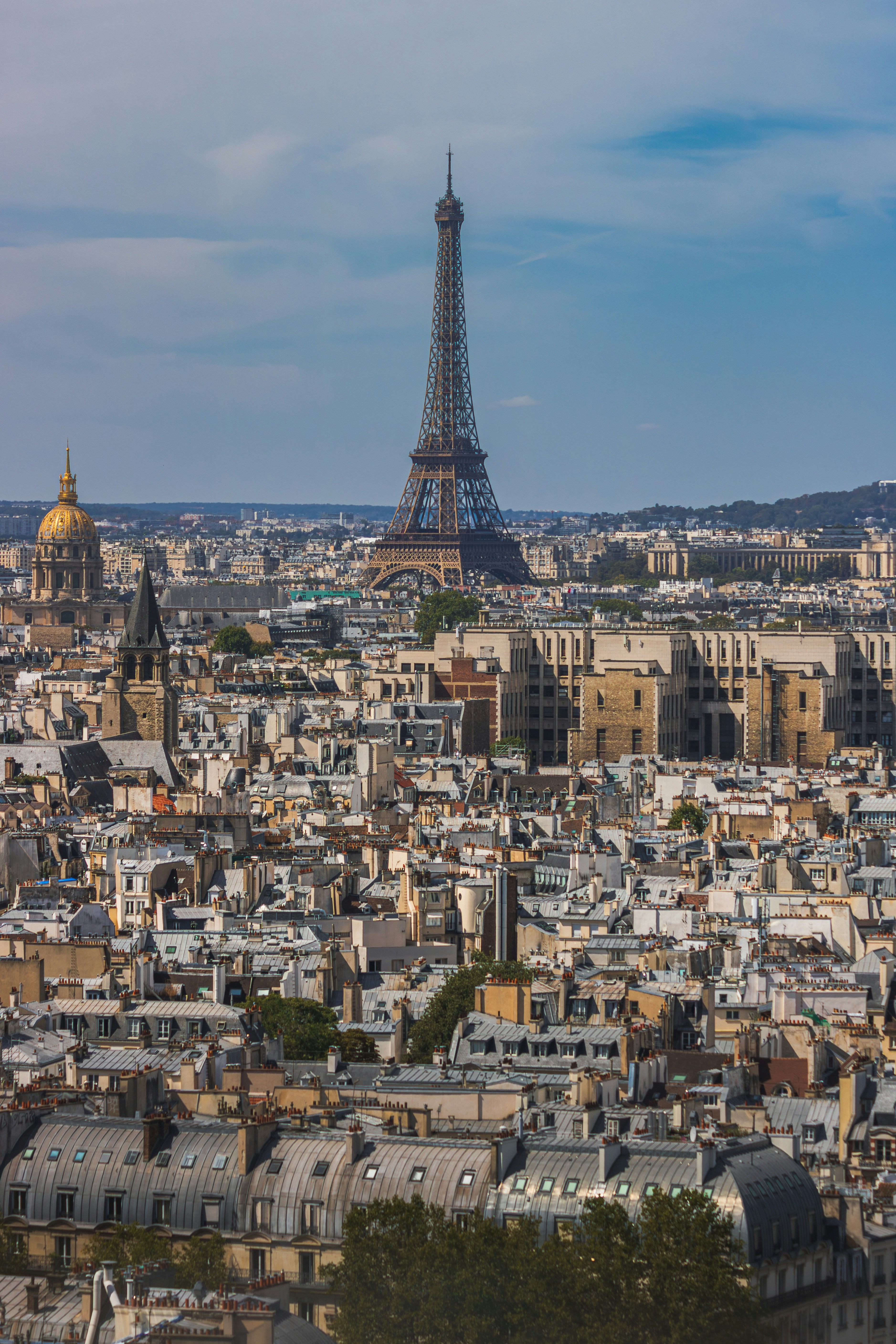 Cityscape of Paris with the Eiffel Tower rising above dense rooftops, domes and spires visible in the foreground.
