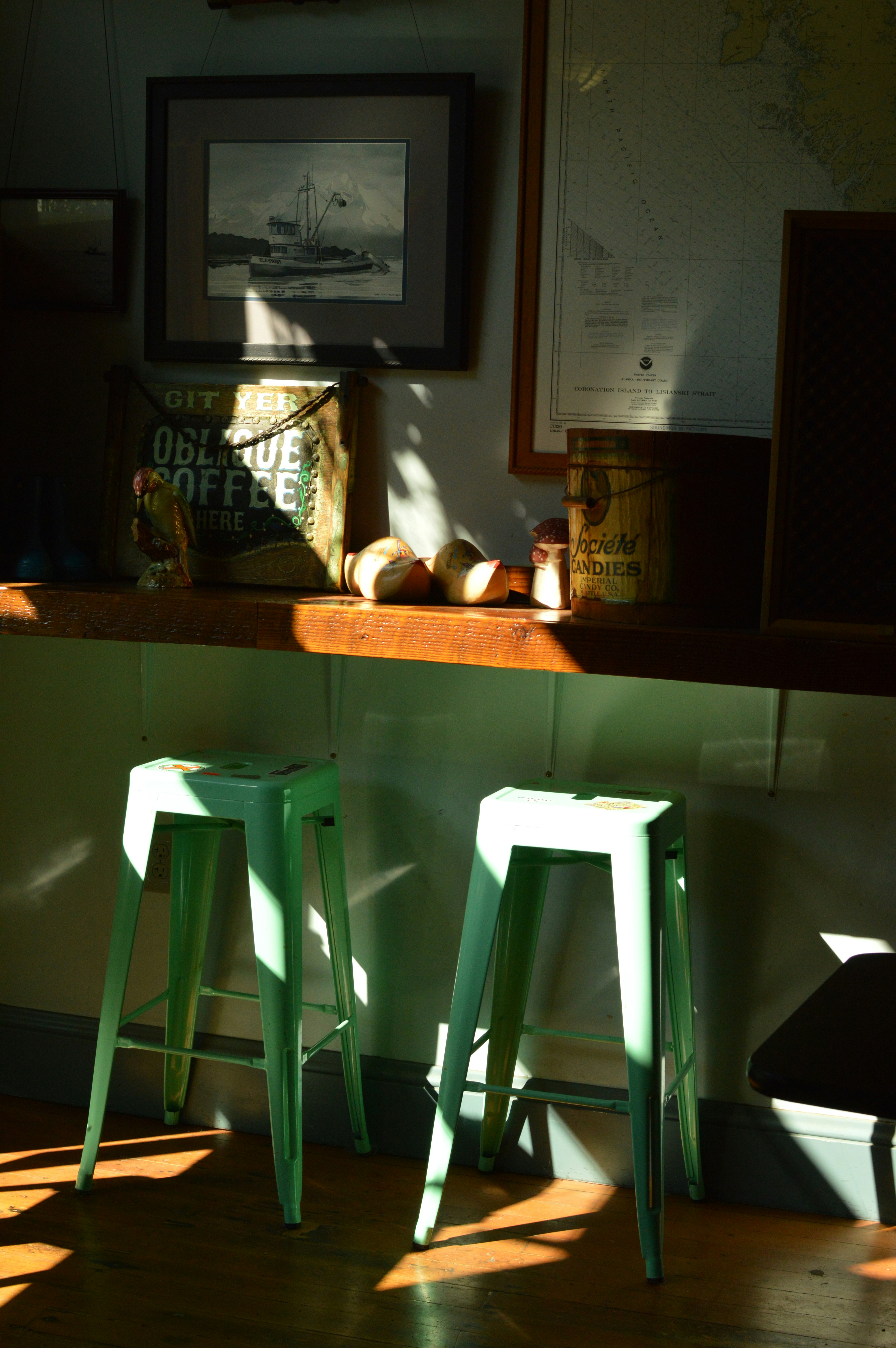 Sunlit Bar Counter Dusk: A Quiet Corner with Mint Stools