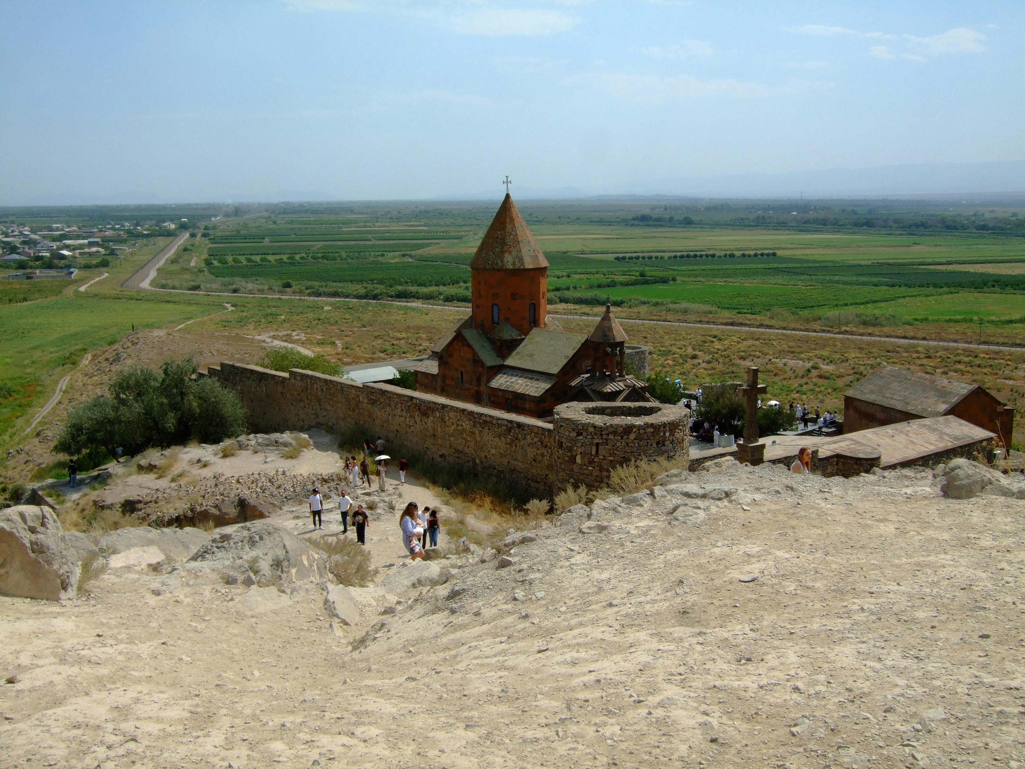 Khor Virap monastery with stone walls and a conical roof in Armenia