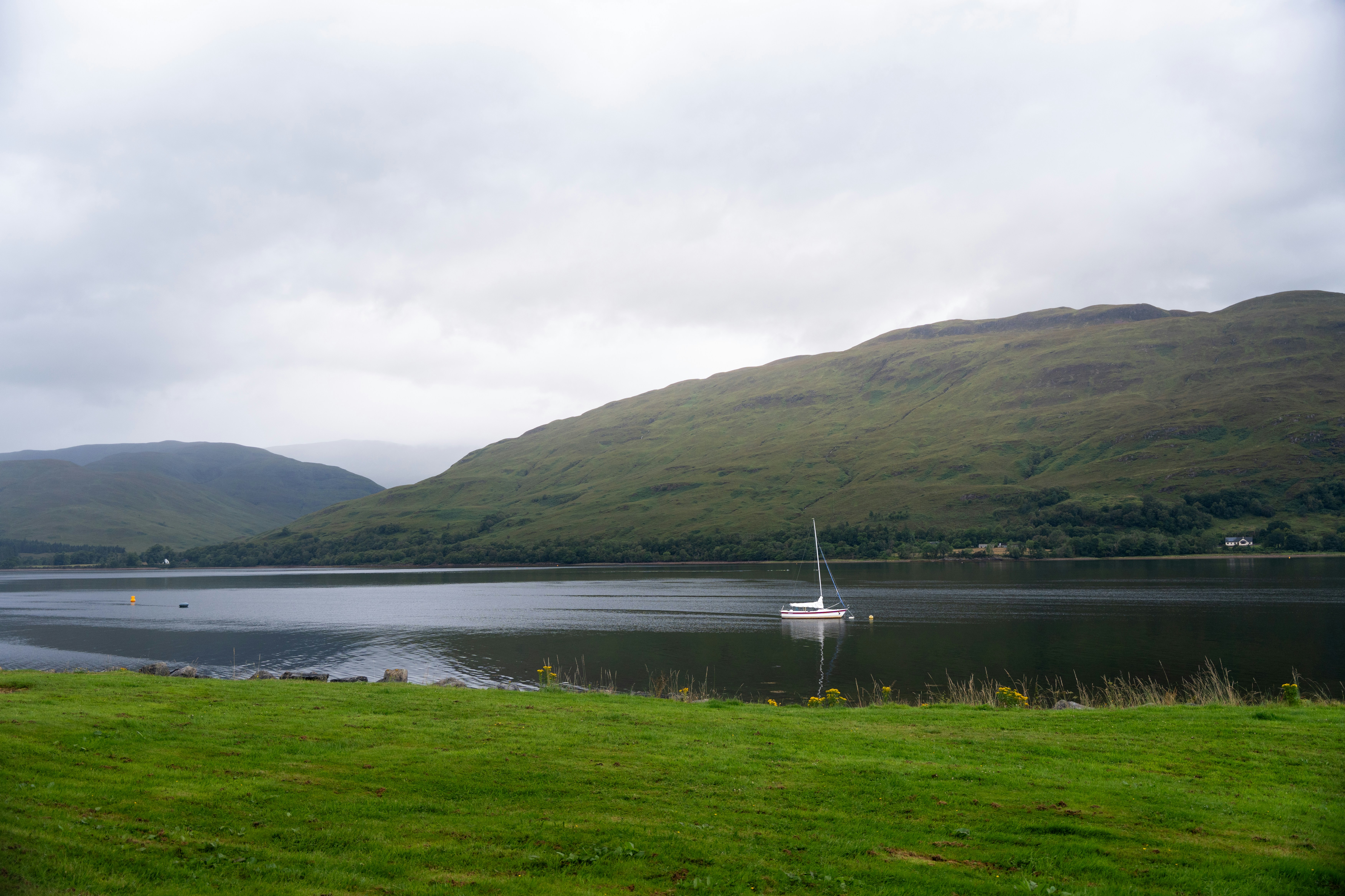 Sailboat at Rest in a Serene Loch beneath Rolling Green Hills
