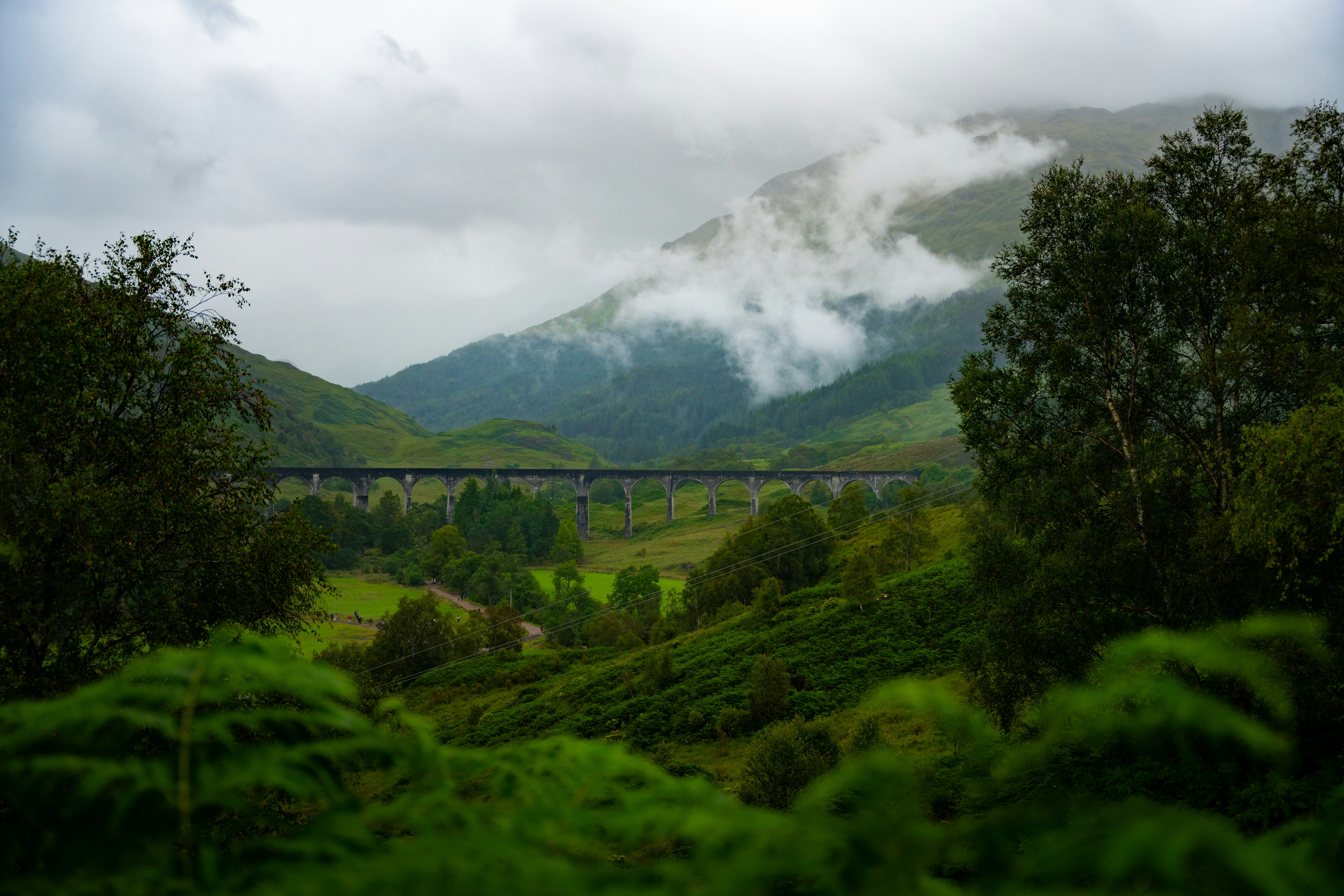 Green Valleys and an Ancient Viaduct Silhouetted by Mist