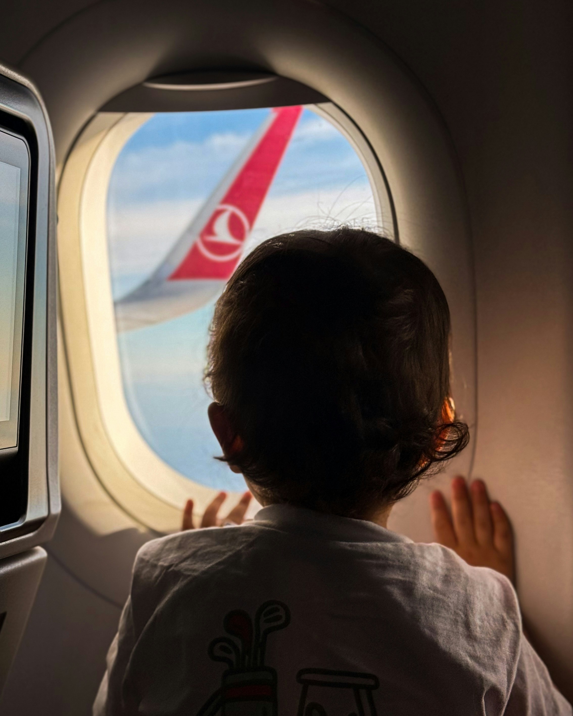 Window Seat Wonder: A Child Gazes at the Skyward Wing