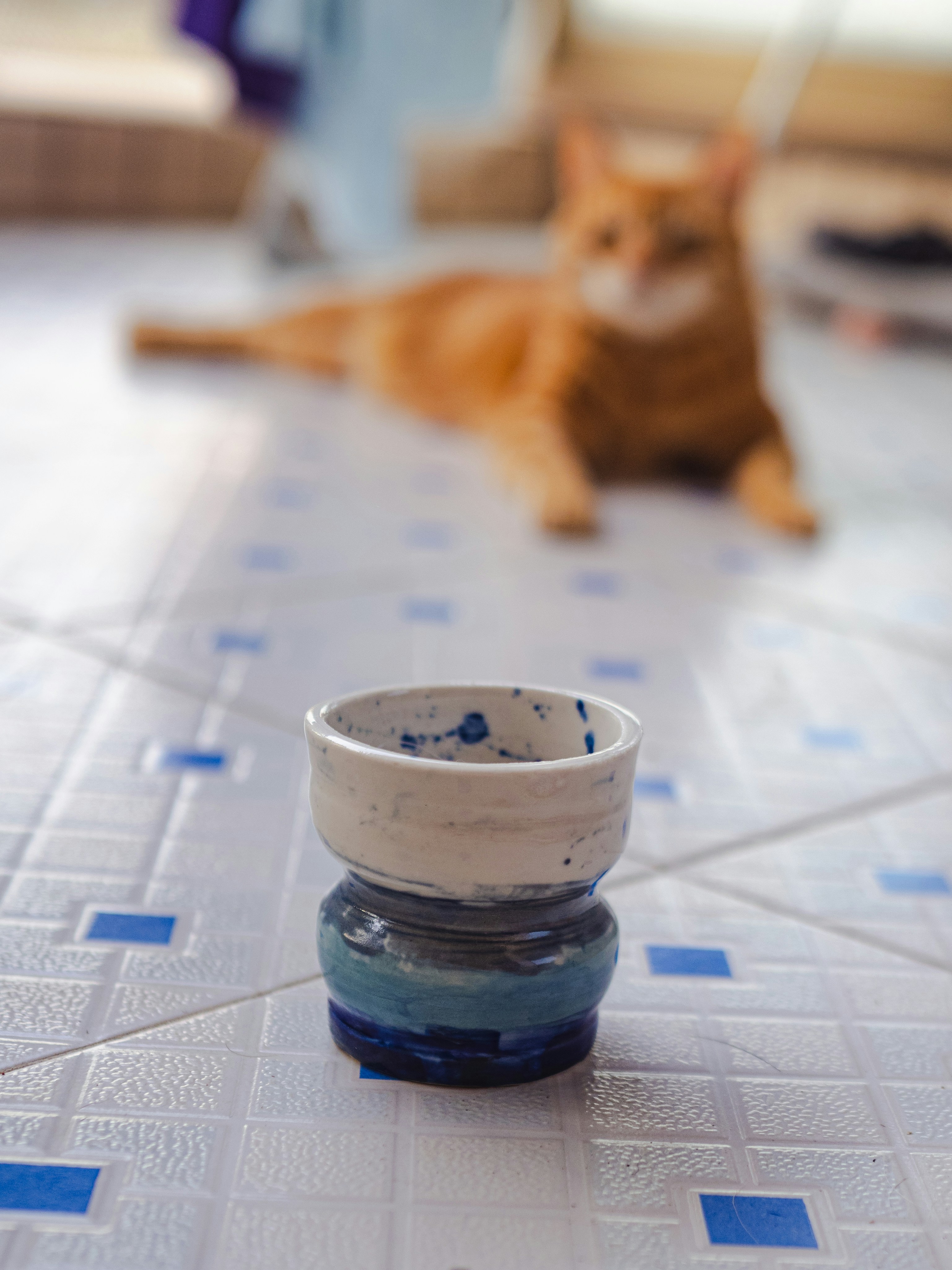 A shallowly blurred scene features a small ceramic vessel in the foreground on a tiled floor, with a ginger cat lounging out of focus in the background.