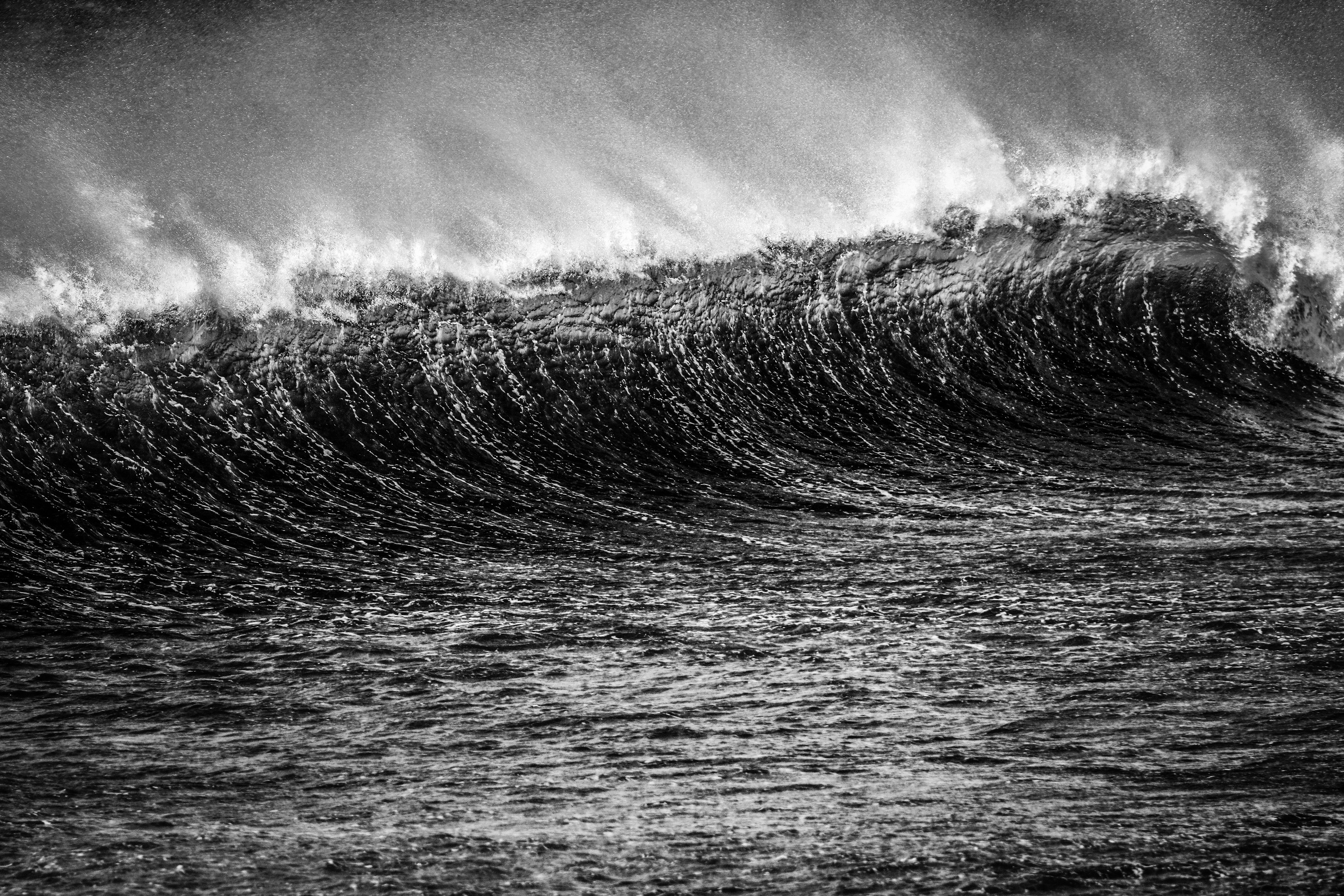 Monochrome close-up of a curling ocean wave captured at the moment of cresting, emphasizing texture and motion in the water. The frame resembles a print-ready seascape with pronounced contrast.