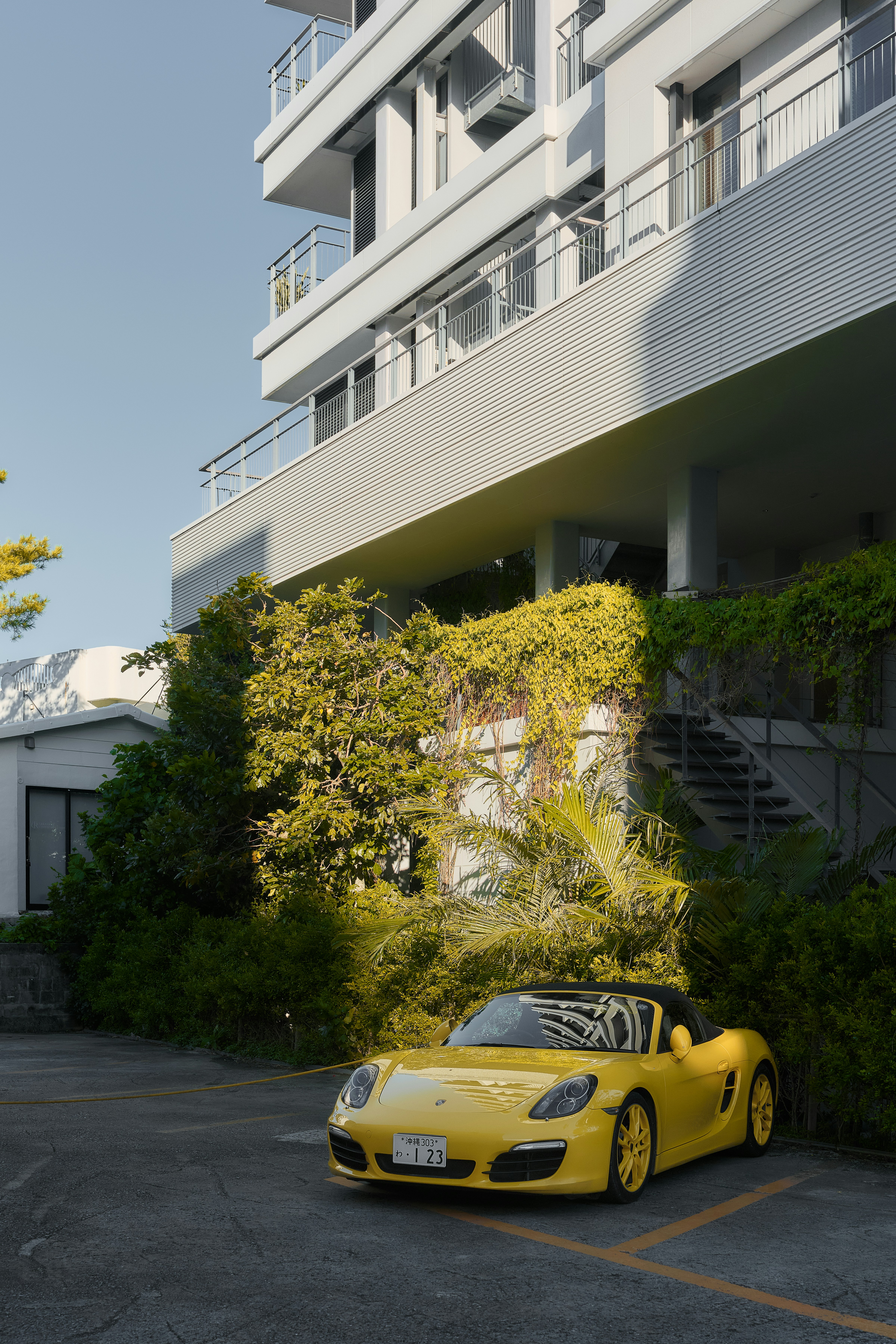 Yellow Porsche Resting Under Urban Canopy