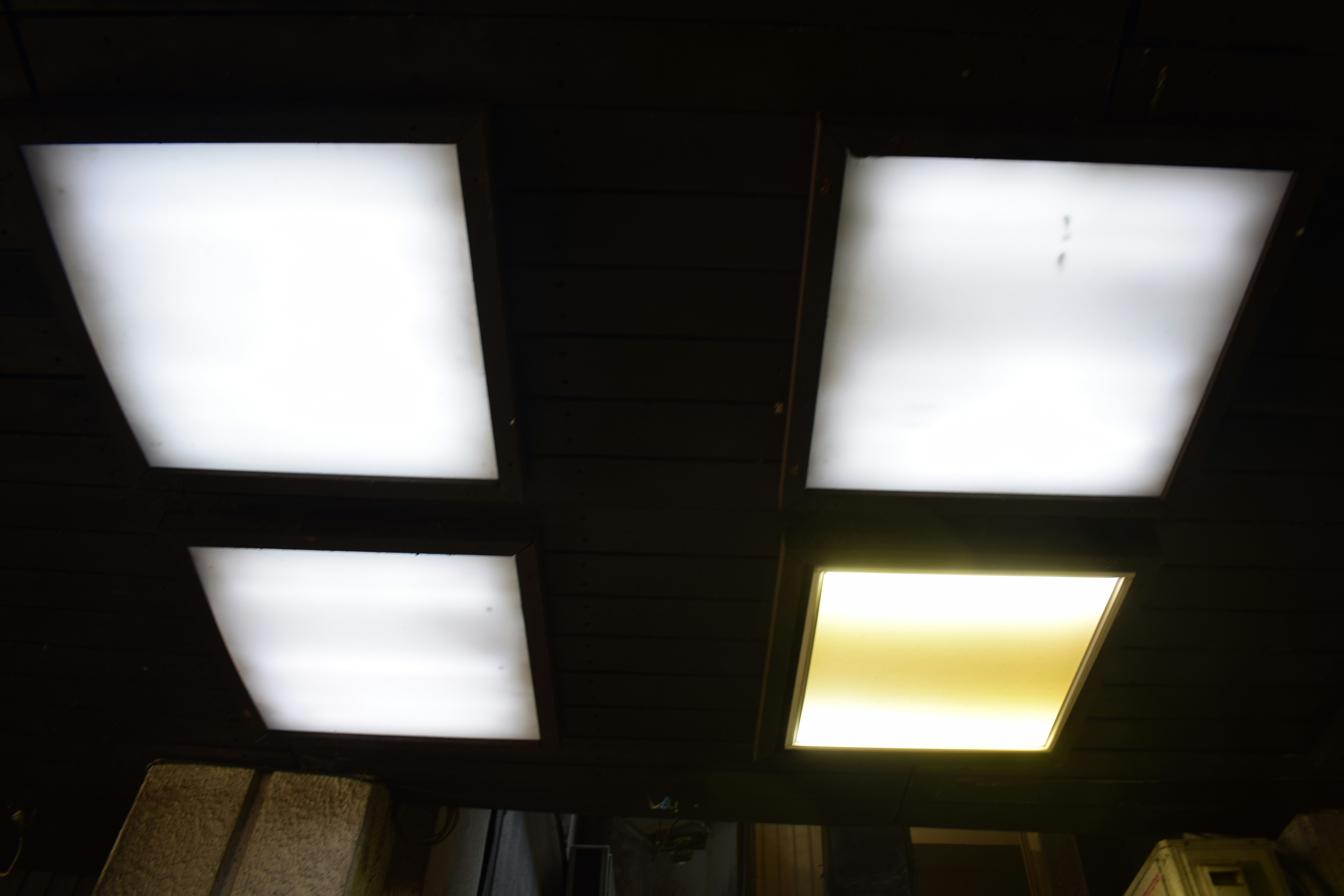 Overhead Fluorescents: A Quiet Pattern of Light in a Dim Workshop