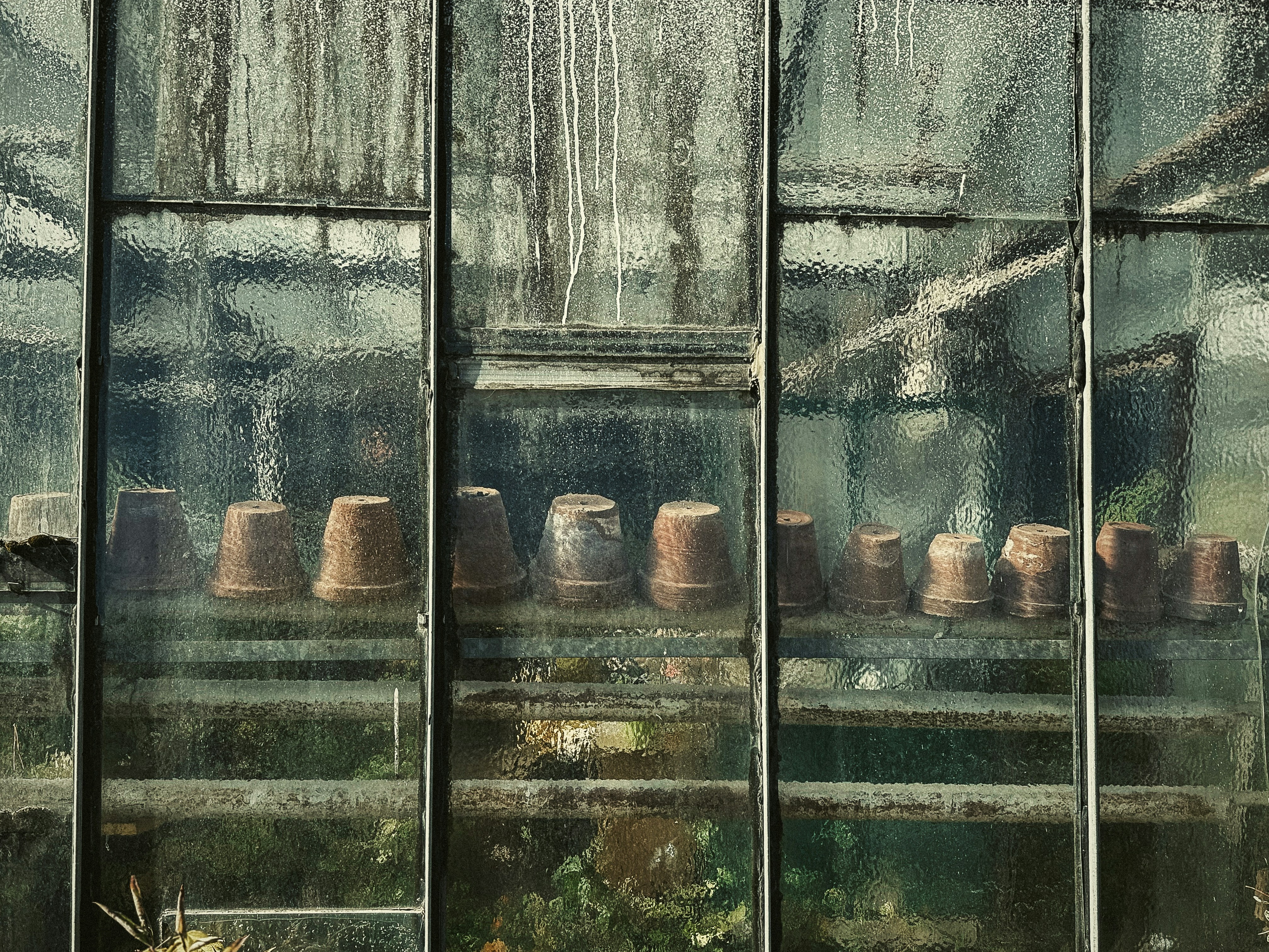 Industrial Glass Facade Reflections: Rows of Copper Knobs Behind Weathered Panels