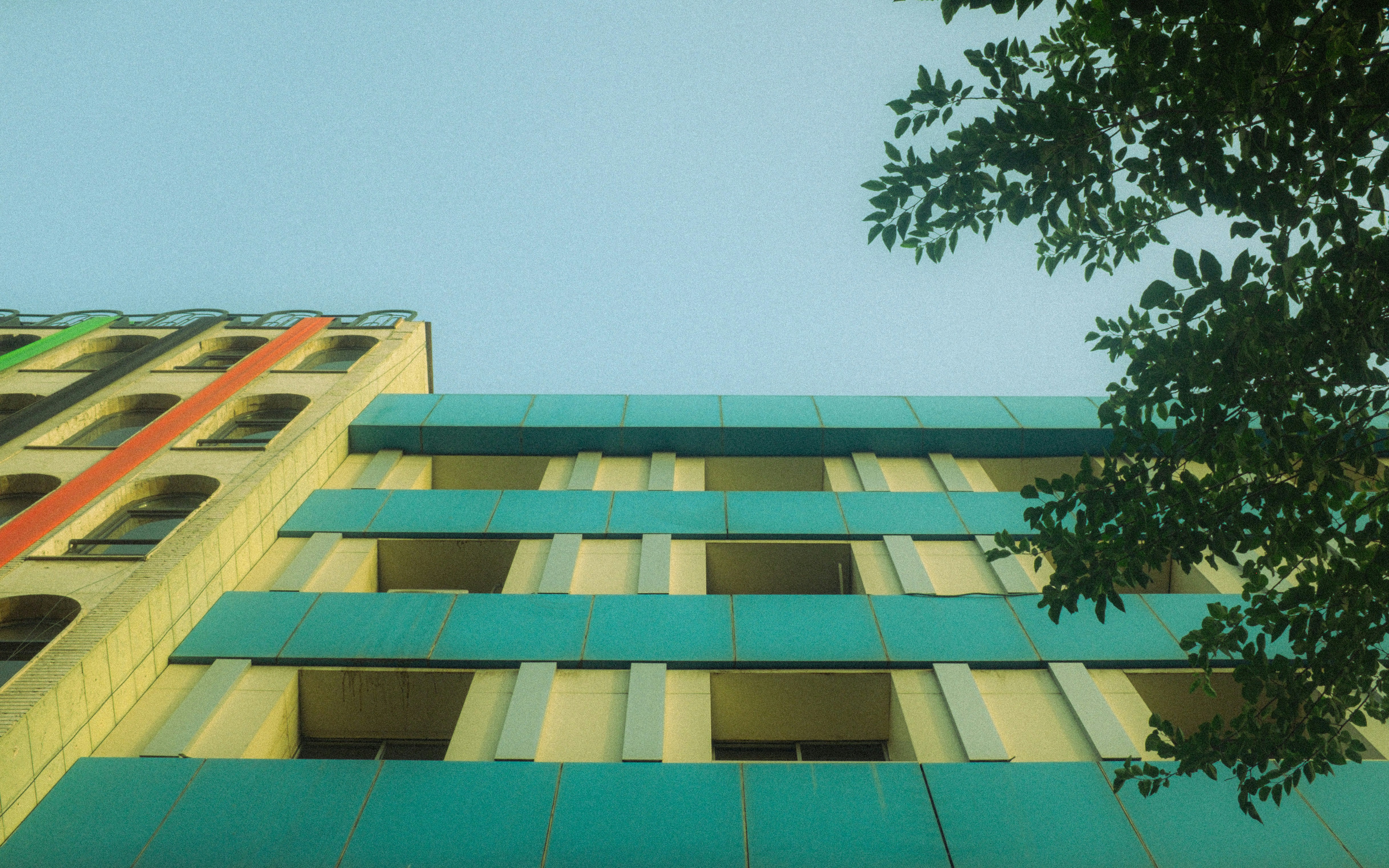 Color Blocks and Glass Veins: A Low-Angle Portrait of a Modern Facade