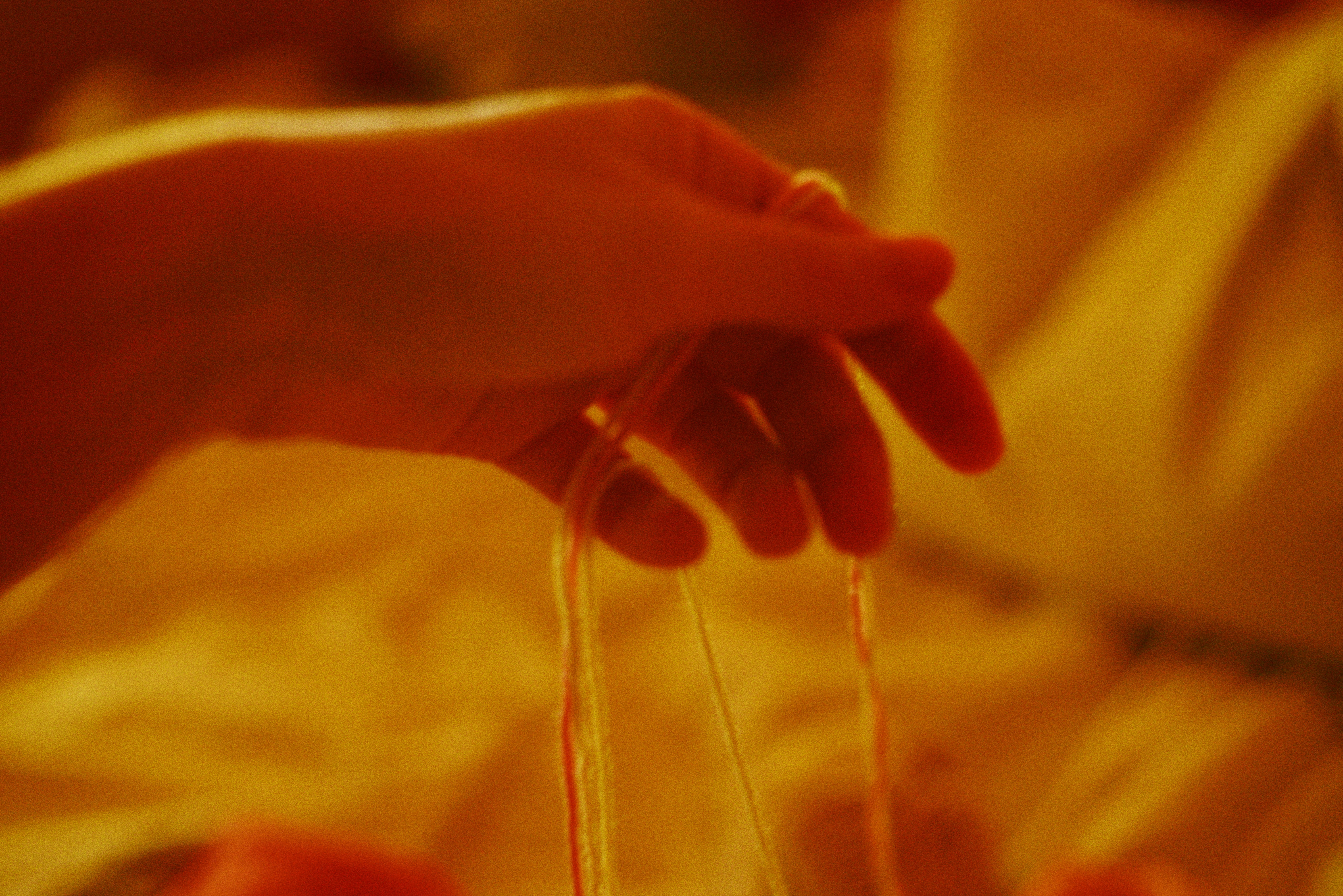 Close-up of a hand with a ring, gently holding thin strings against a softly lit, warm-toned background.