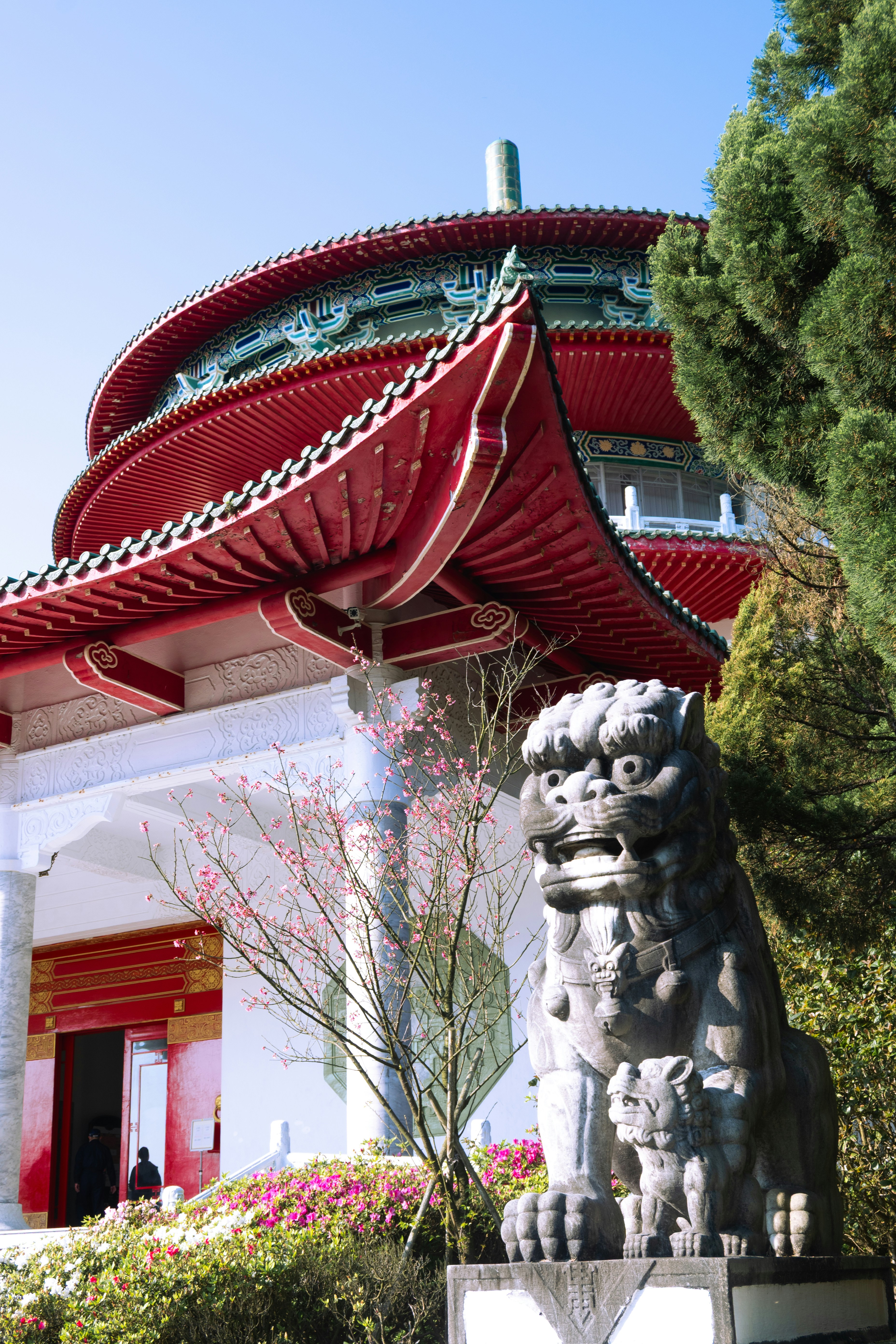 Twin-Scaled Guardian: A Pagoda Rooftop Sway with a Stone Sentinel