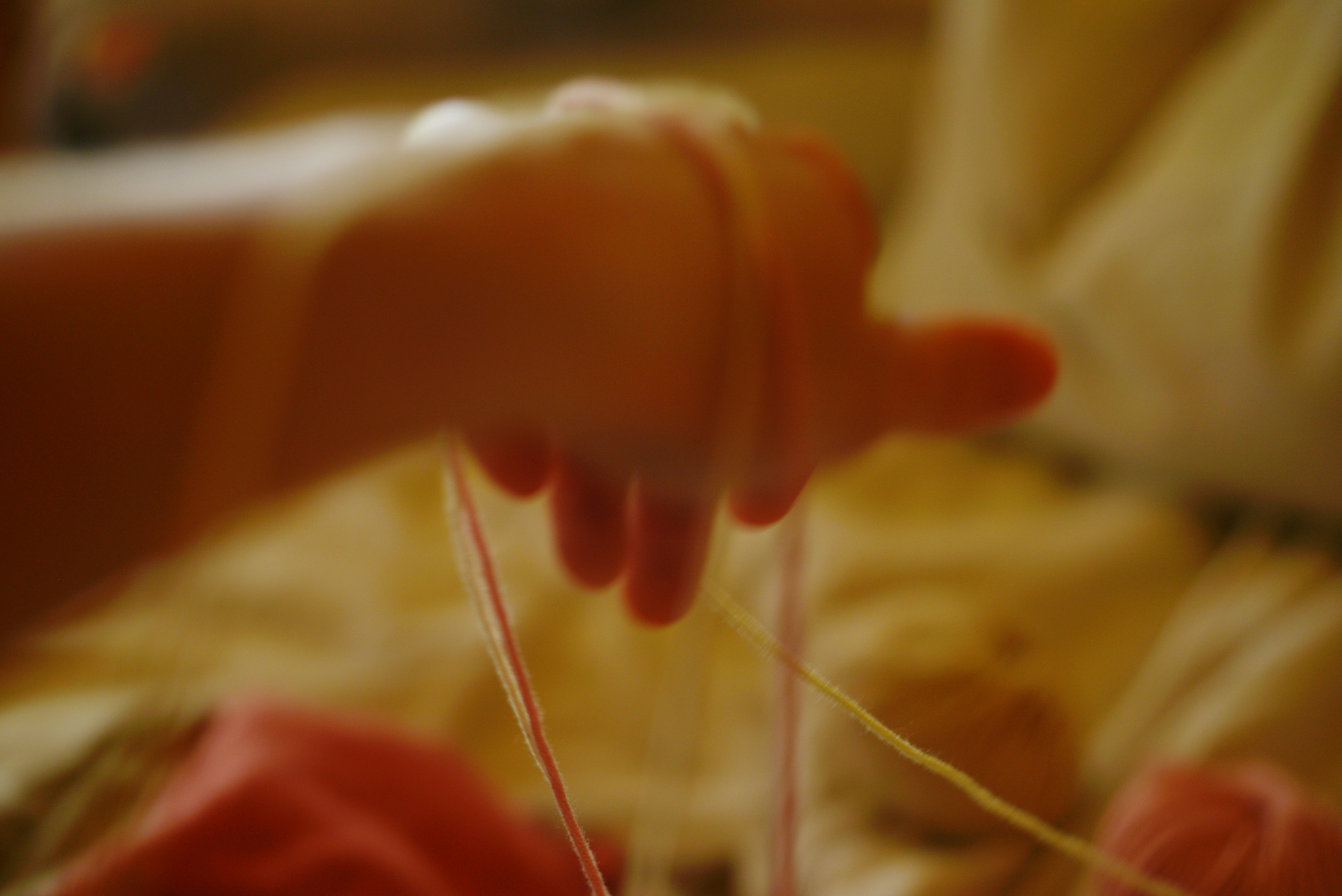 Close-up of a small hand grasping pink and yellow yarn, wrapped in warm, ambient light; the scene focuses on tactile detail and intimate mood in a domestic setting.