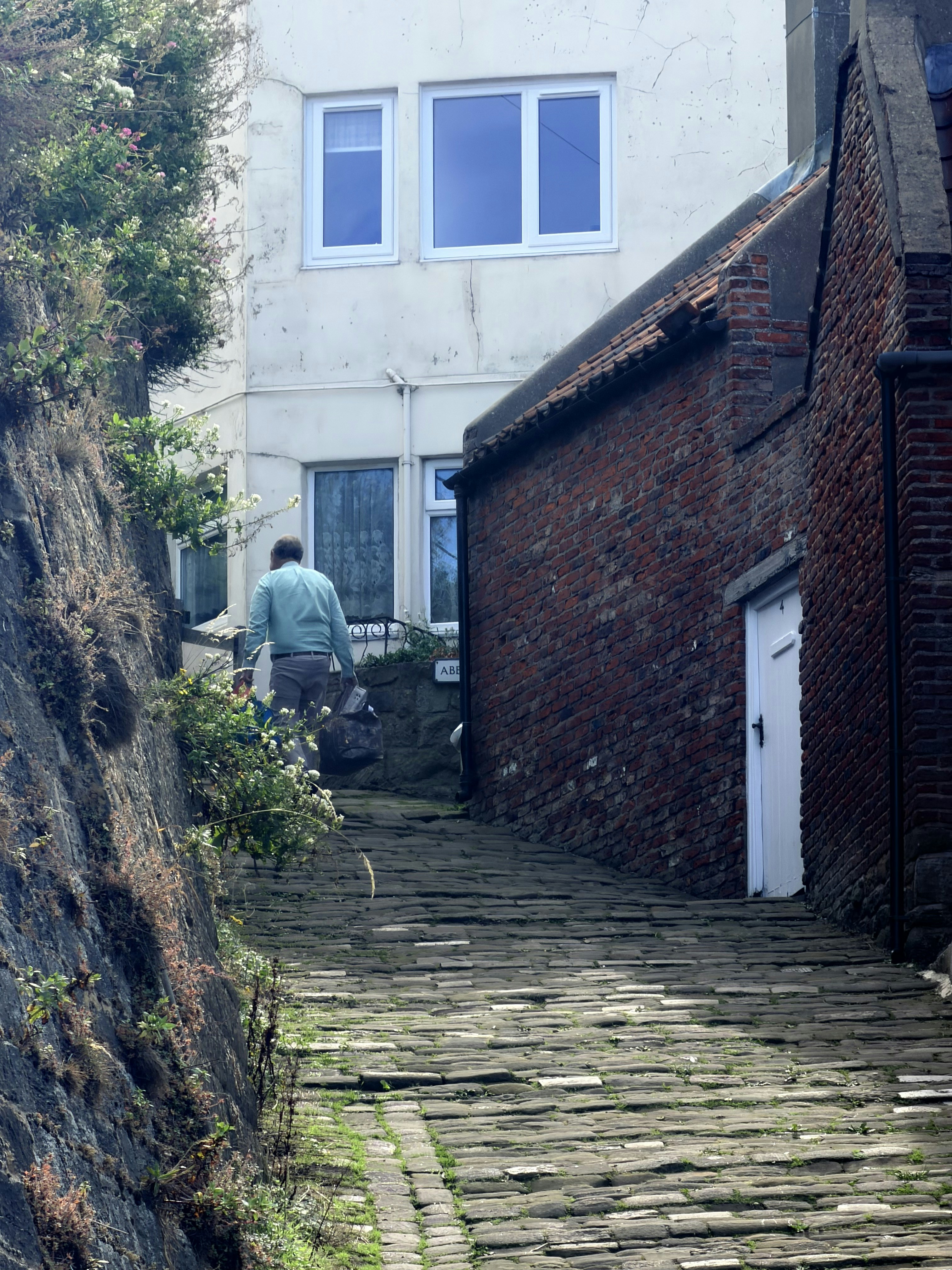 Climb Through the Alley: A Quiet Ascent Toward a White Facade