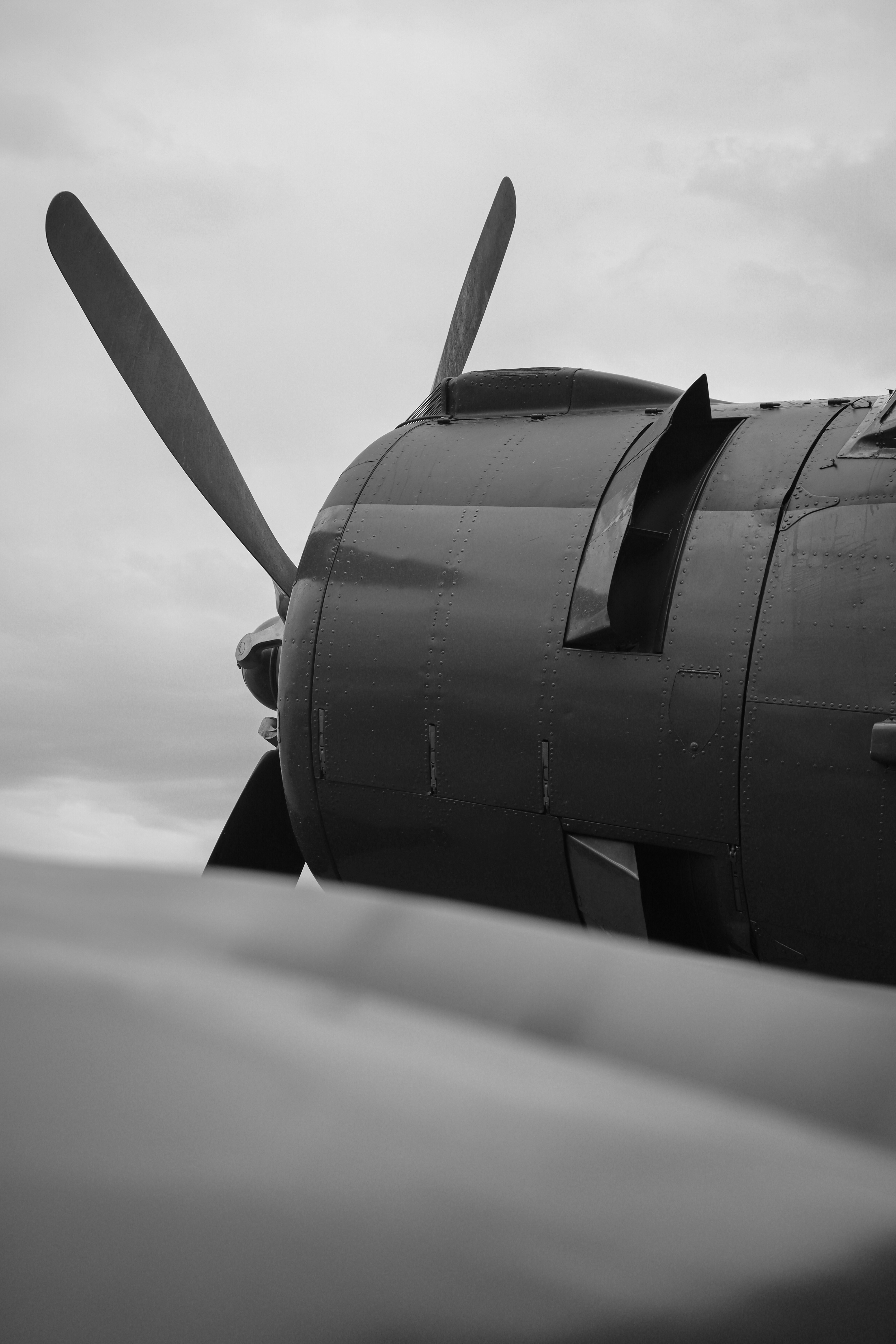 Propeller Veil: Close-Up of a Vintage Engine in Monochrome