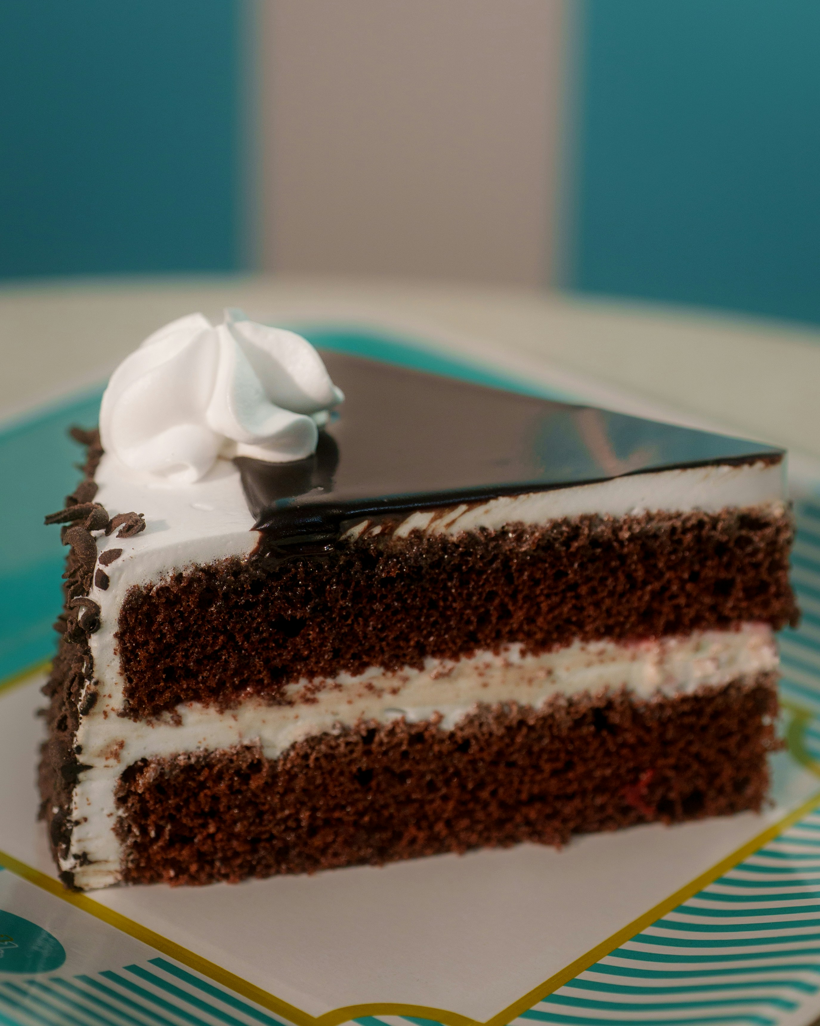 Decadent chocolate cake slice with glossy ganache and whipped cream