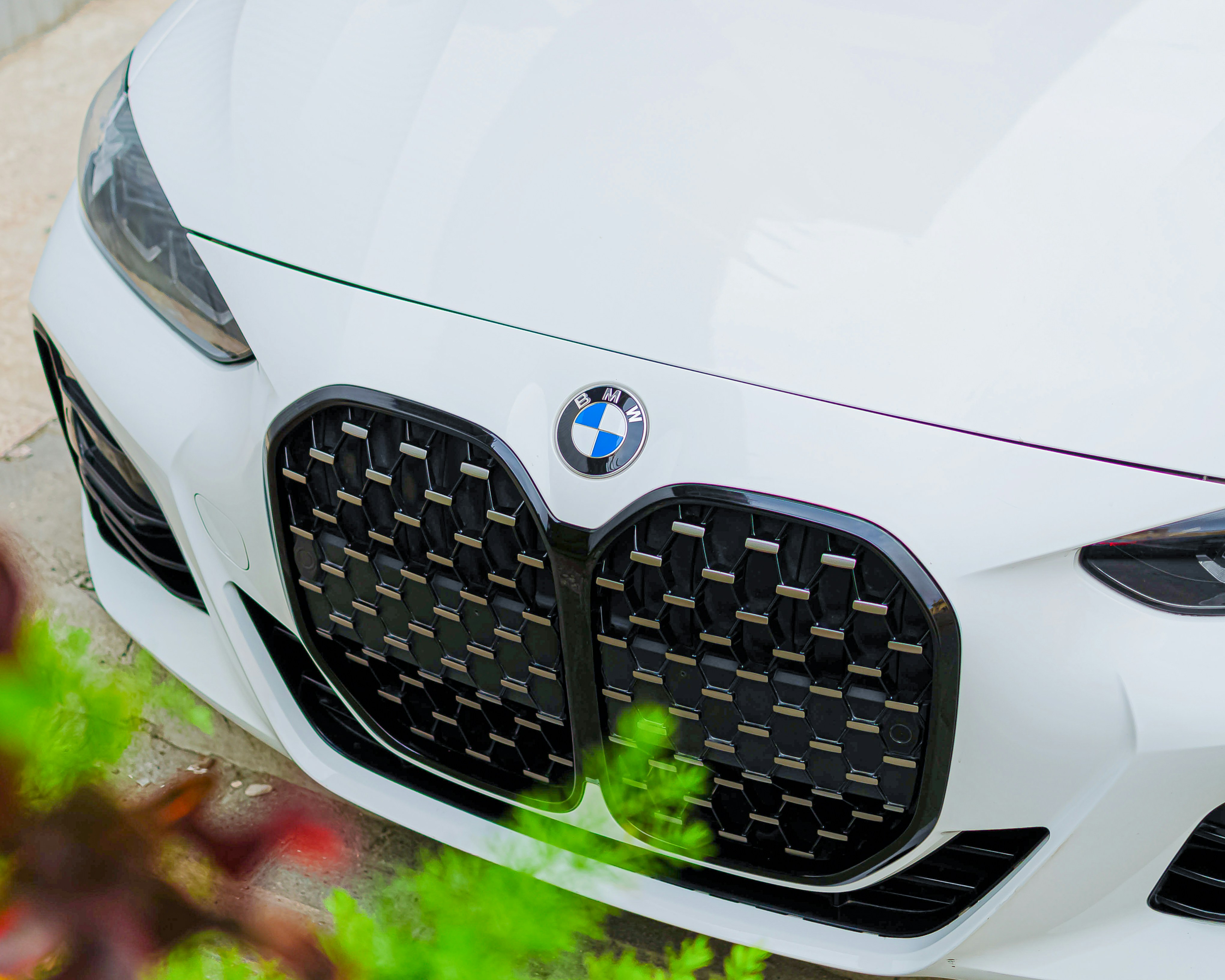 Close-up of a BMW Grille: Steel-Mined Hexagons and Emblem Highlight