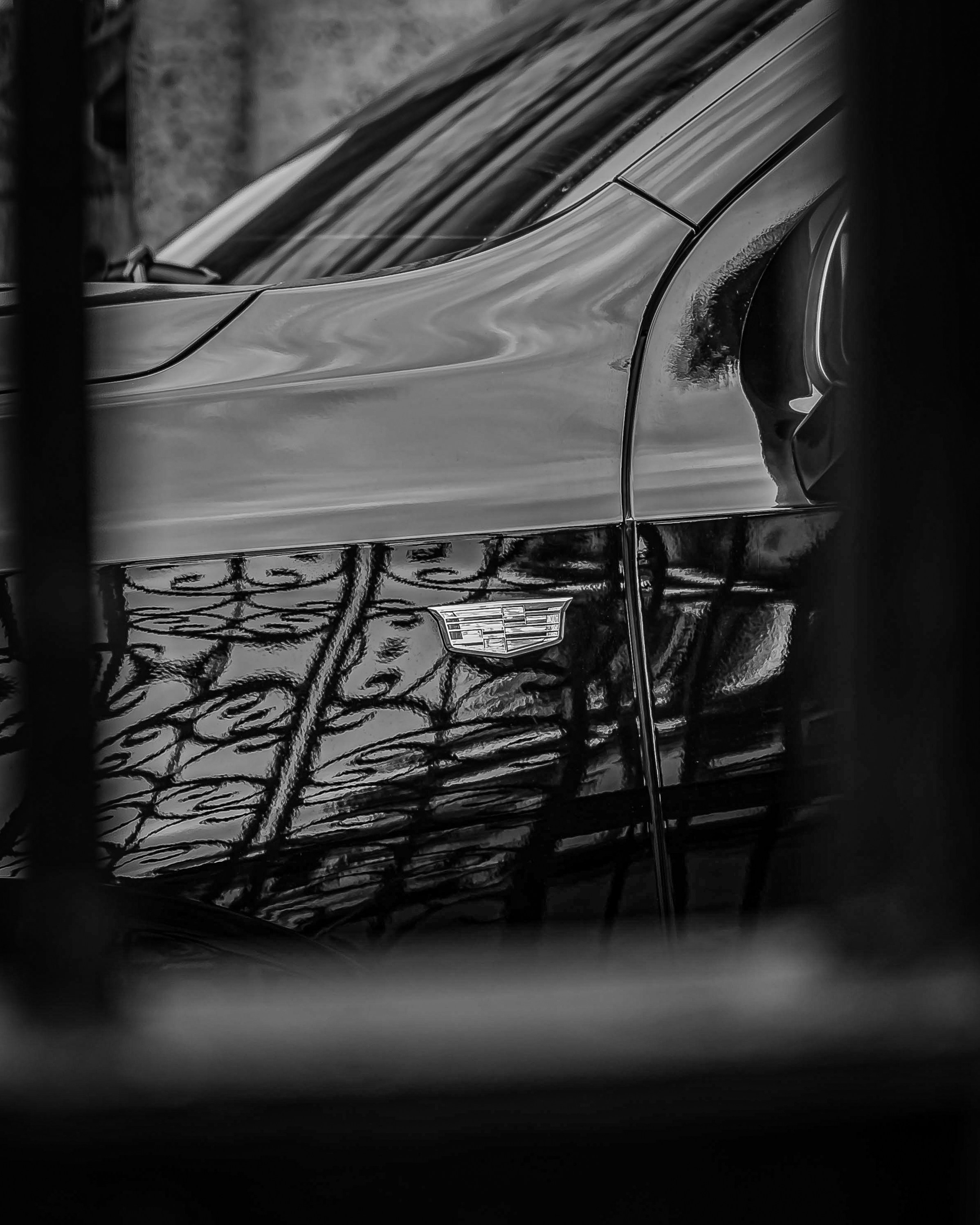 Reflected Cadillac Emblem on a Sleek Hood, Framed by Barred Silhouettes