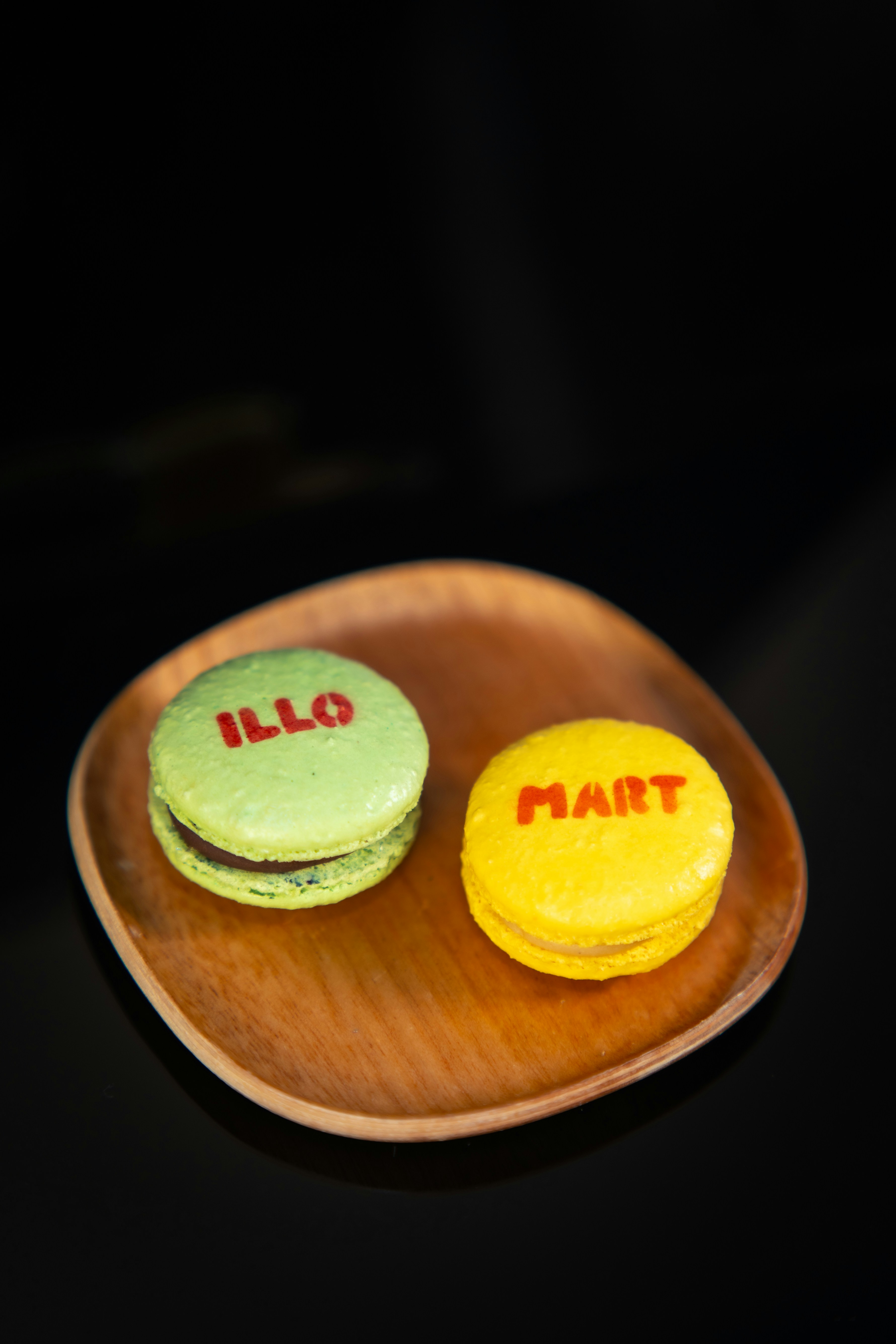 Candyed Macaron Pair on a Tiny Wooden Stage