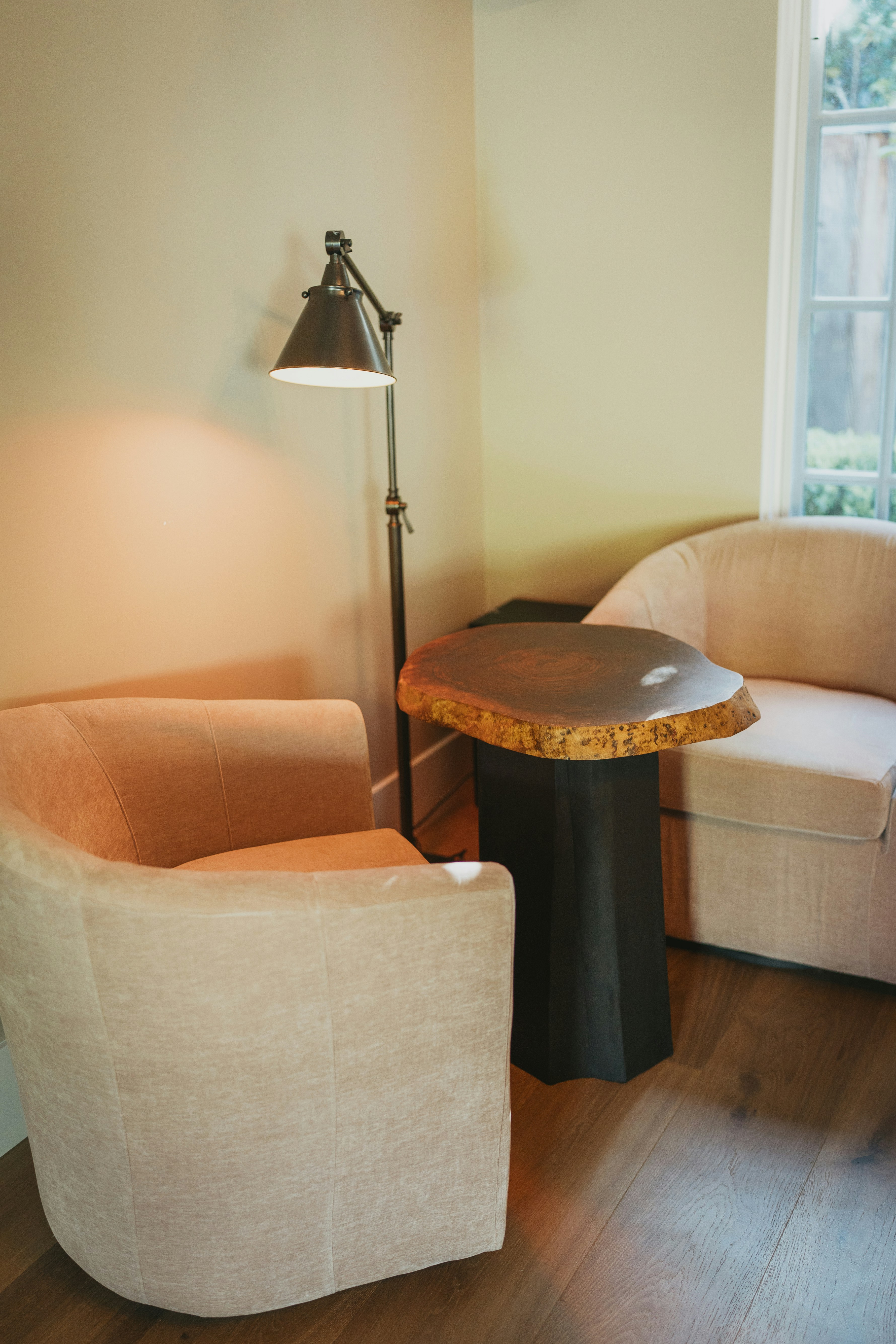 Ambient Corner: Warm Seating and Rustic Table