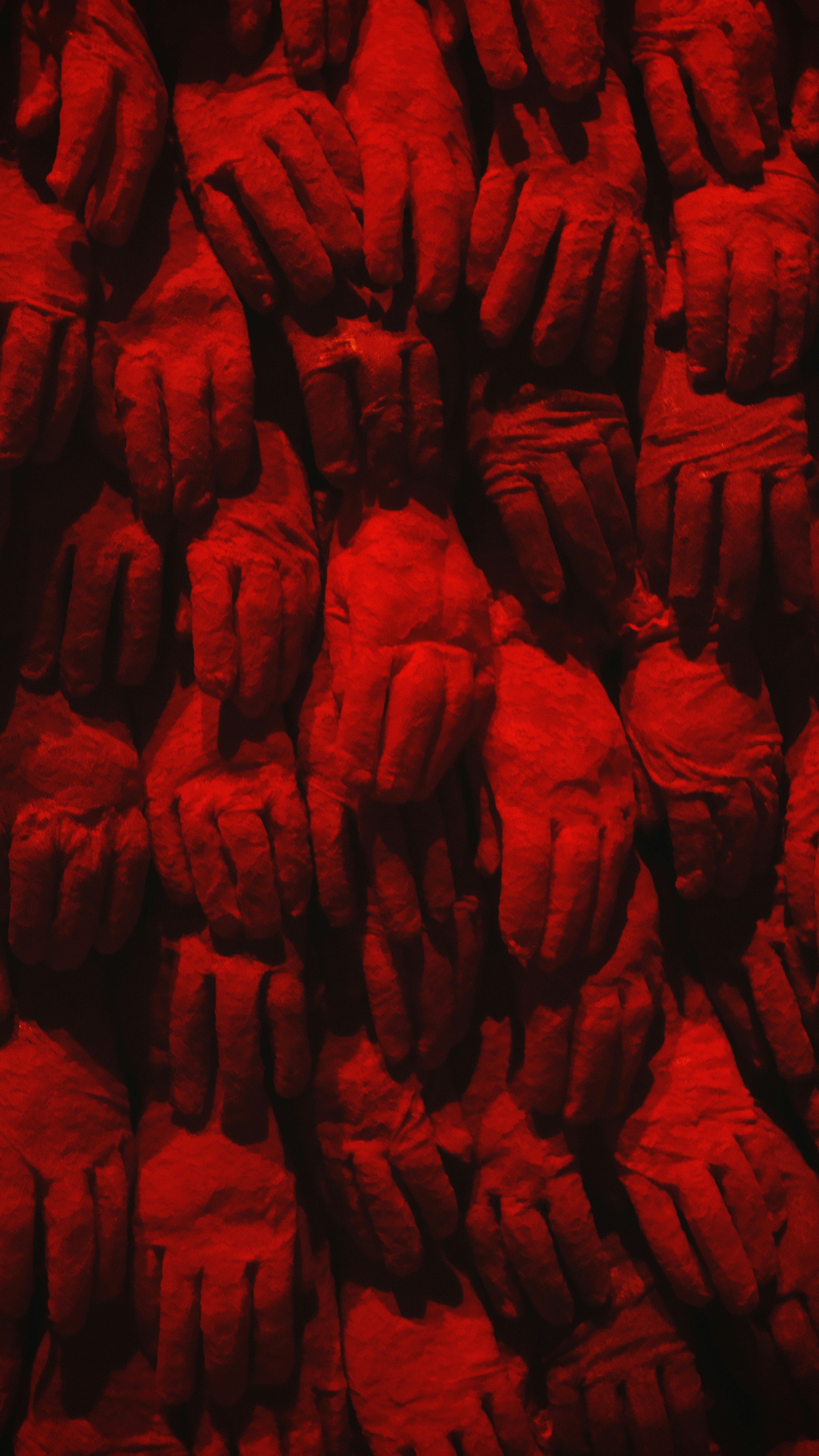 Dense red ceramic-like textures fill the frame with deep shadows, emphasizing surface detail and rhythm of the repeated forms.