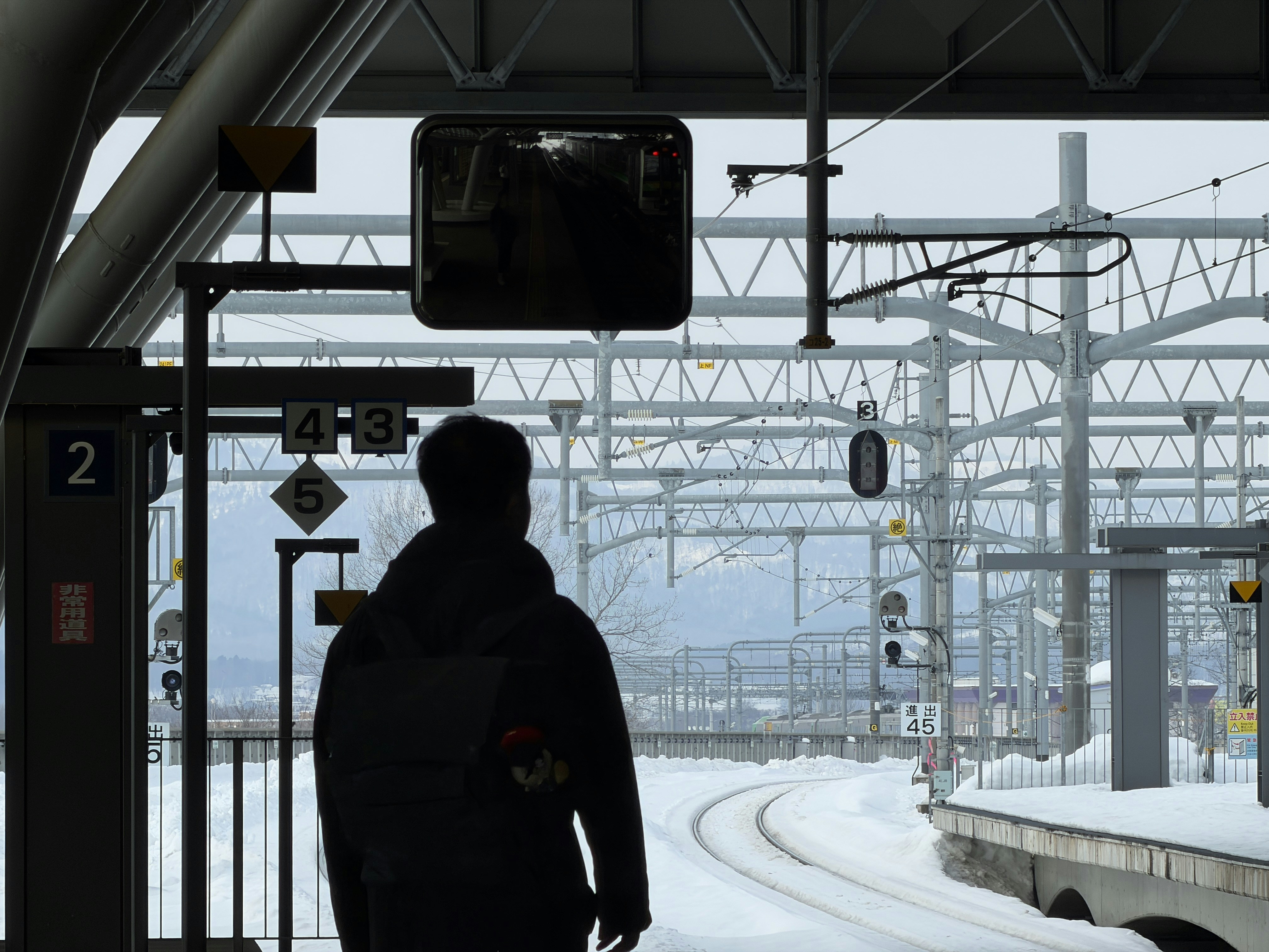  silhouette at the platform edge under a canopy of rails