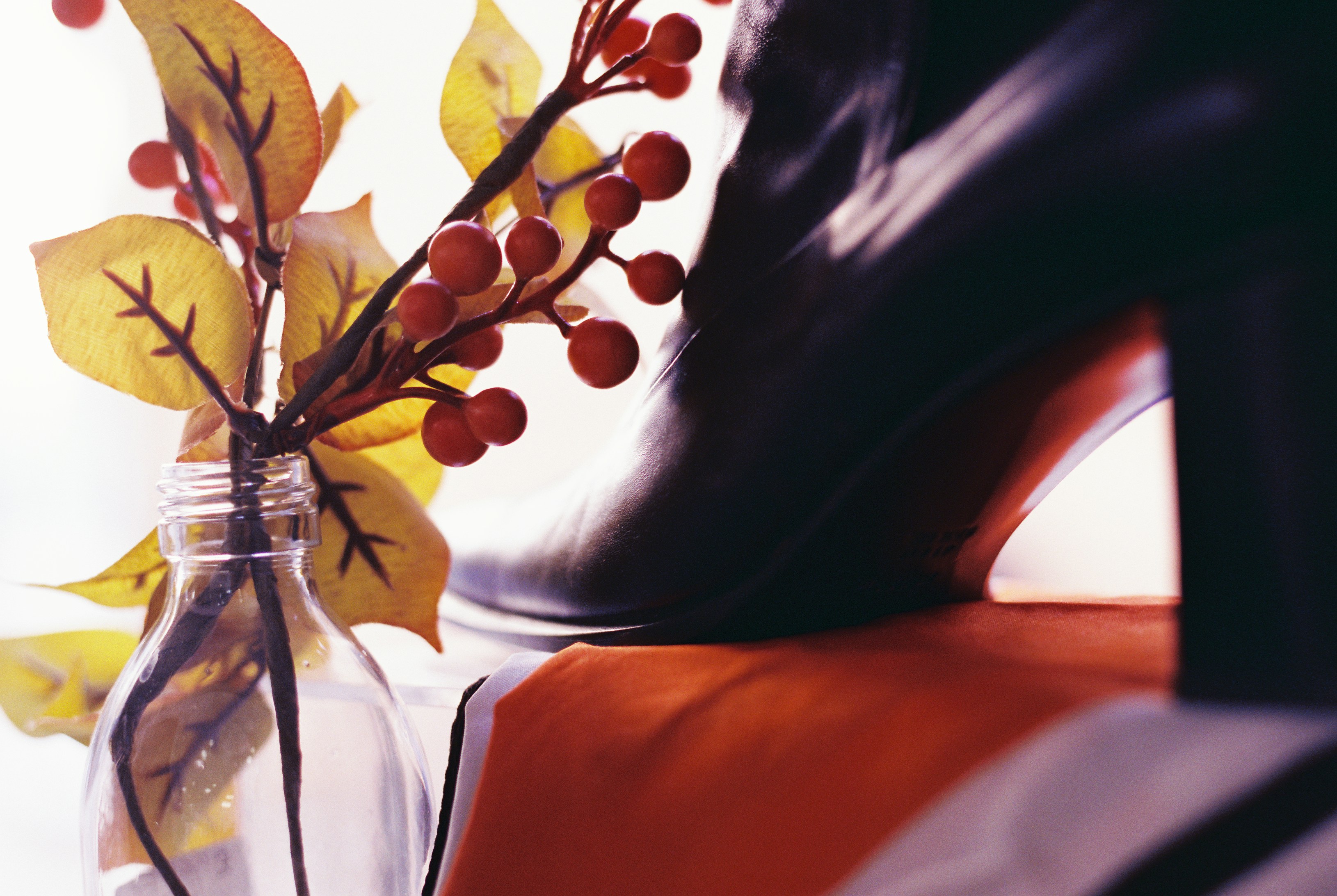 A clear glass bottle holds a sprig with red berries and yellowing leaves beside a blurred, fabric-draped background. The composition centers on a minimalist still life with warm, seasonal tones.