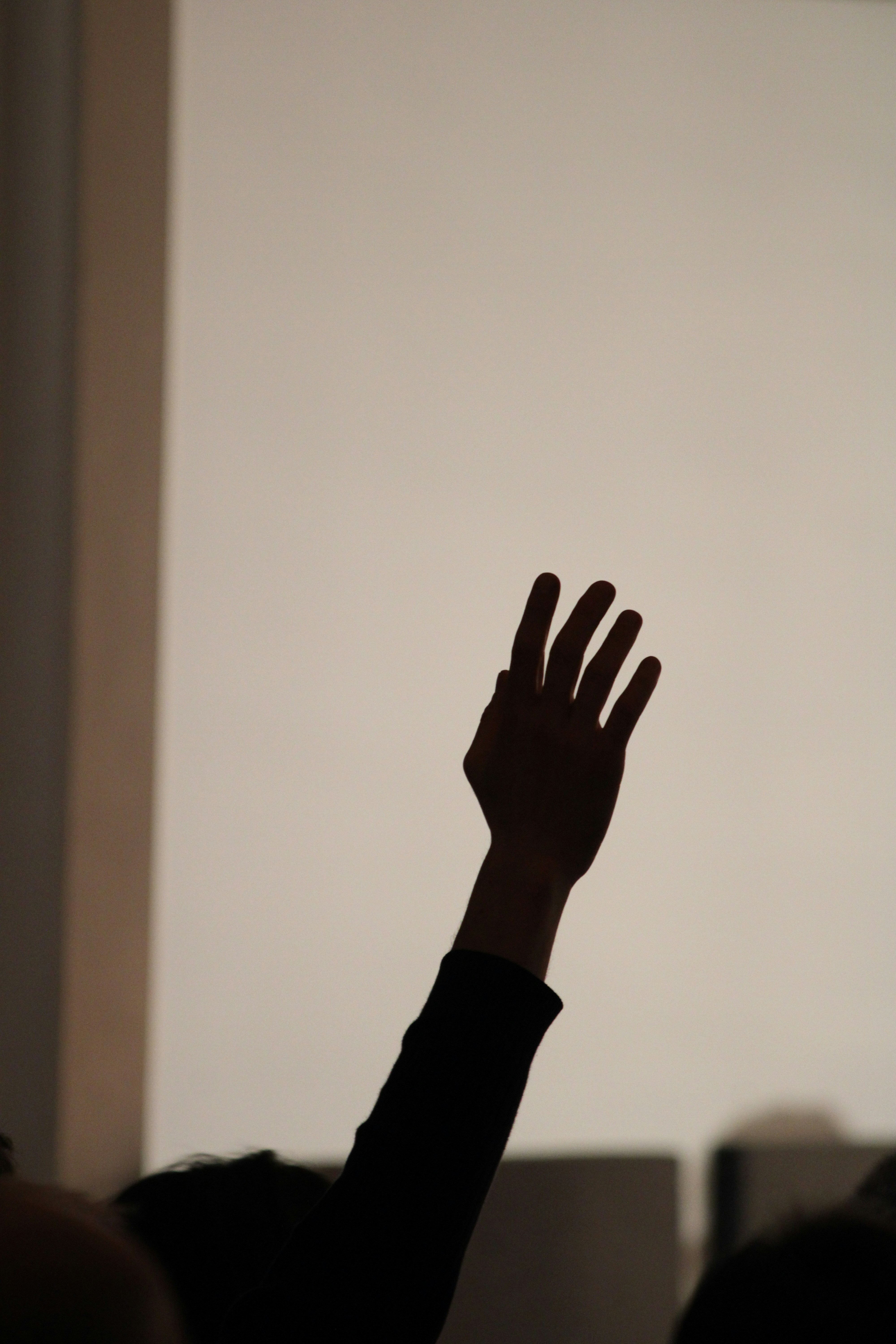 Raised Hand in a Backlit Arena