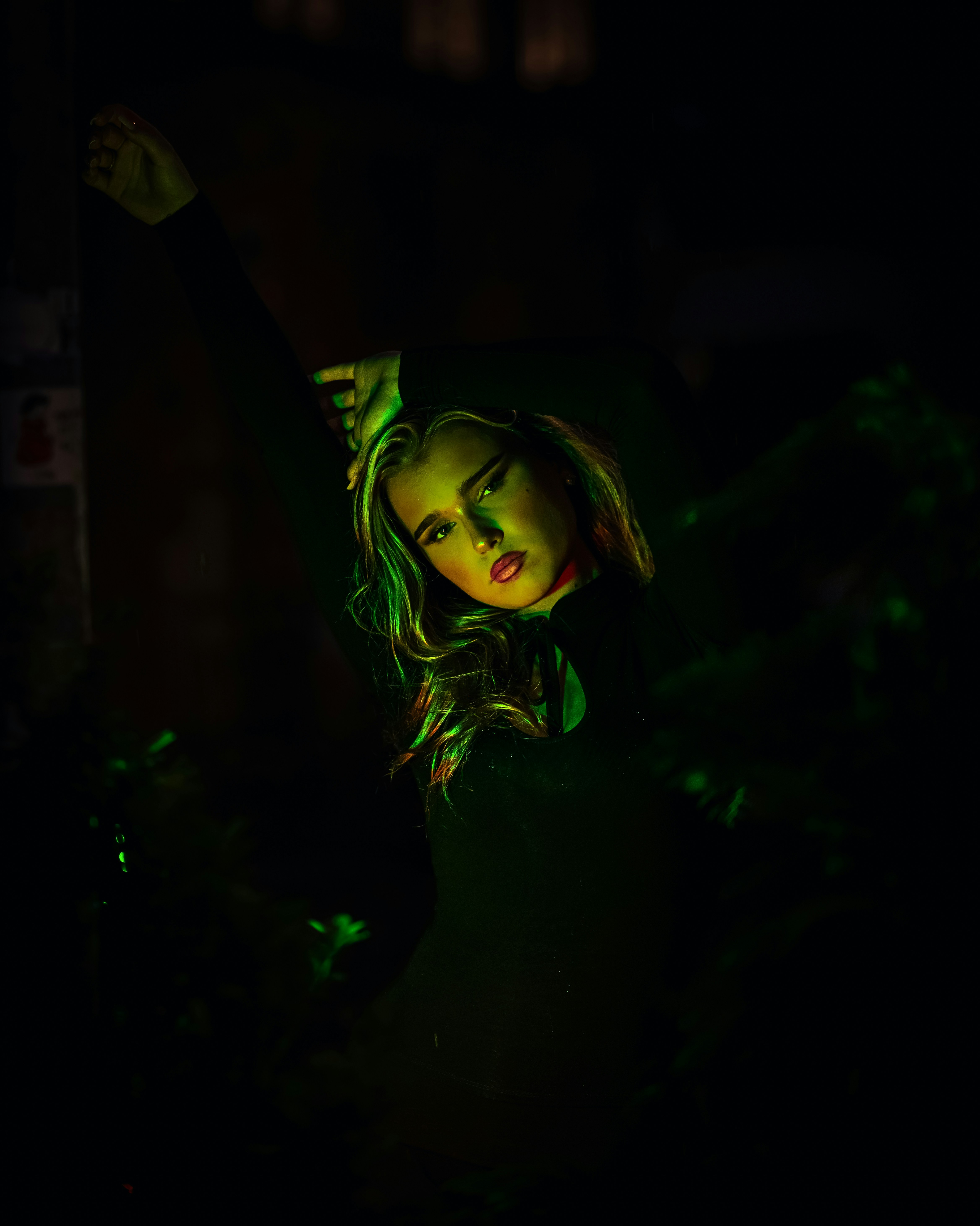 Neon Green Gaze: A Night Portrait with Velvet Shadows