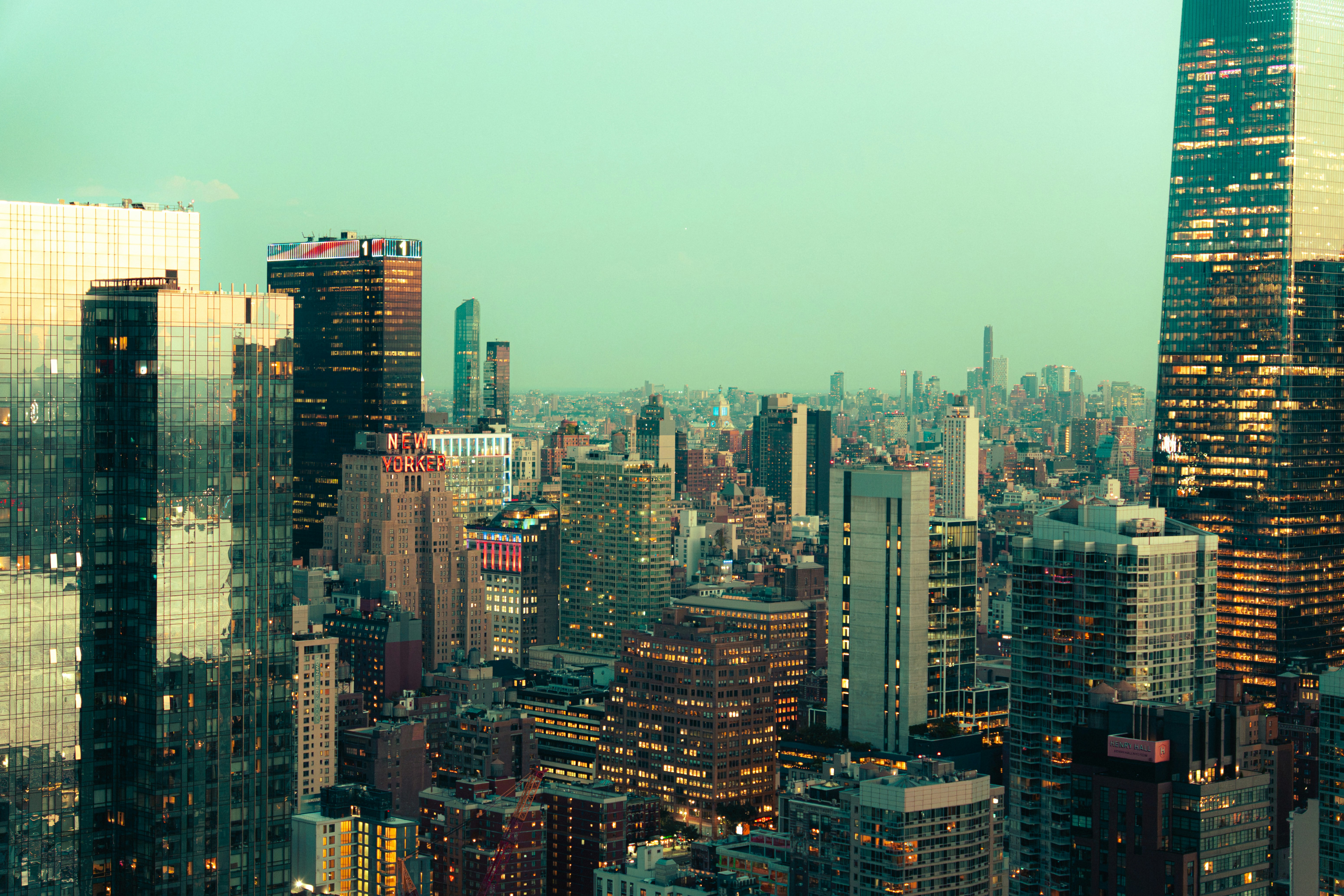 Urban Crest at Dusk: A Glass-Soaked City Skyline