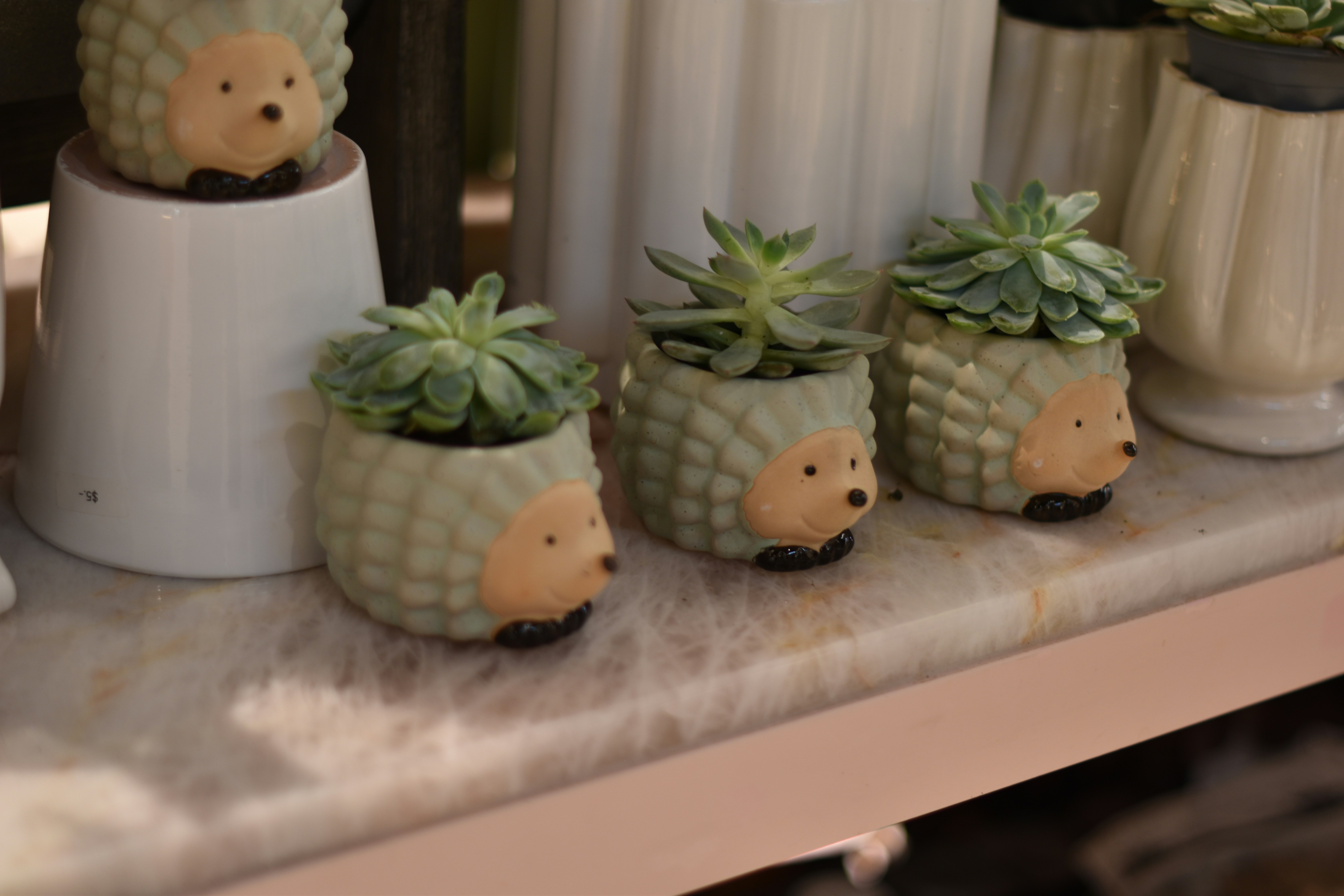 Tiny Ceramic Hedgehogs on a Marble Shelf