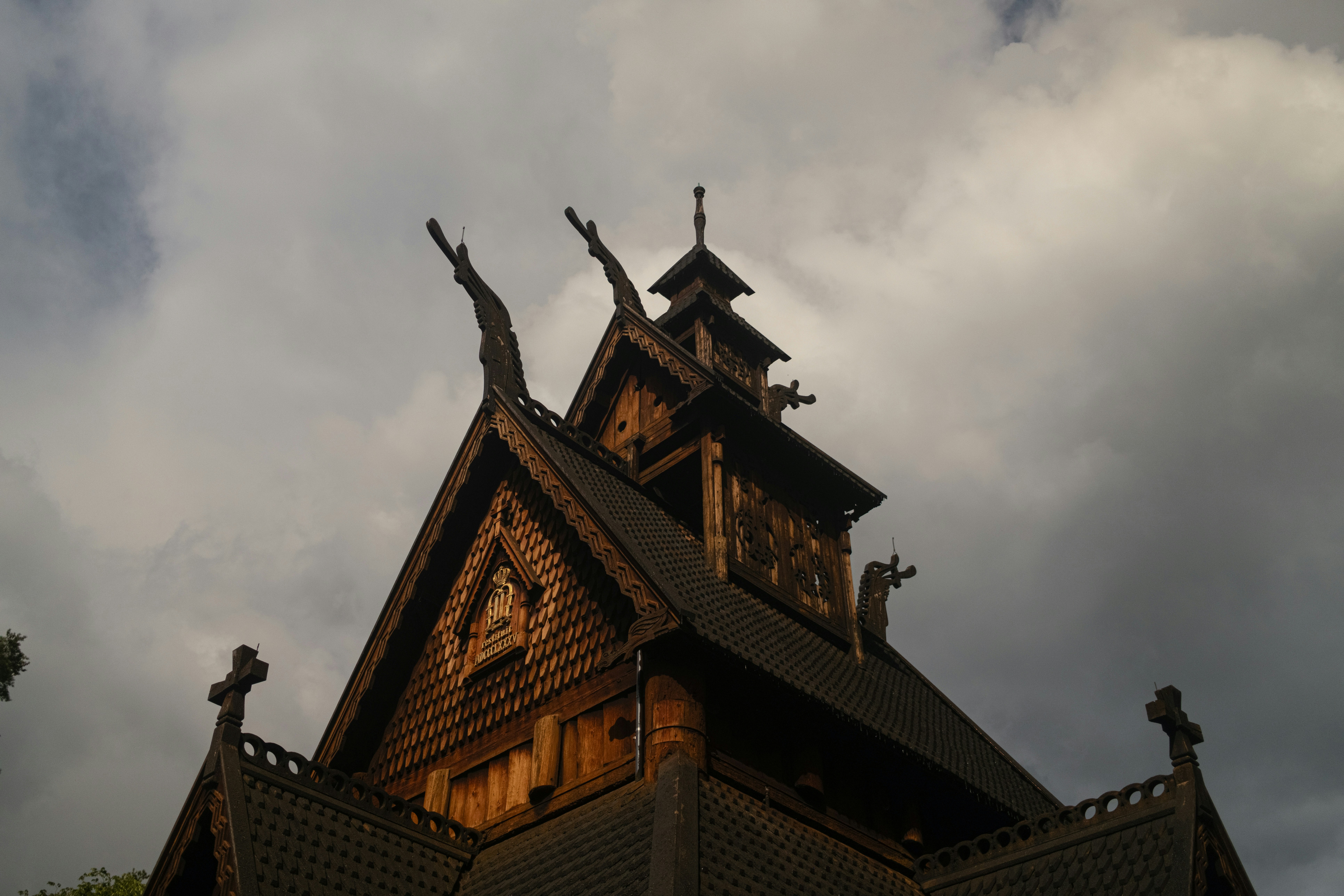 Sunlit Shingle Peaks: A Wooden Shrine Reaching Toward the Sky