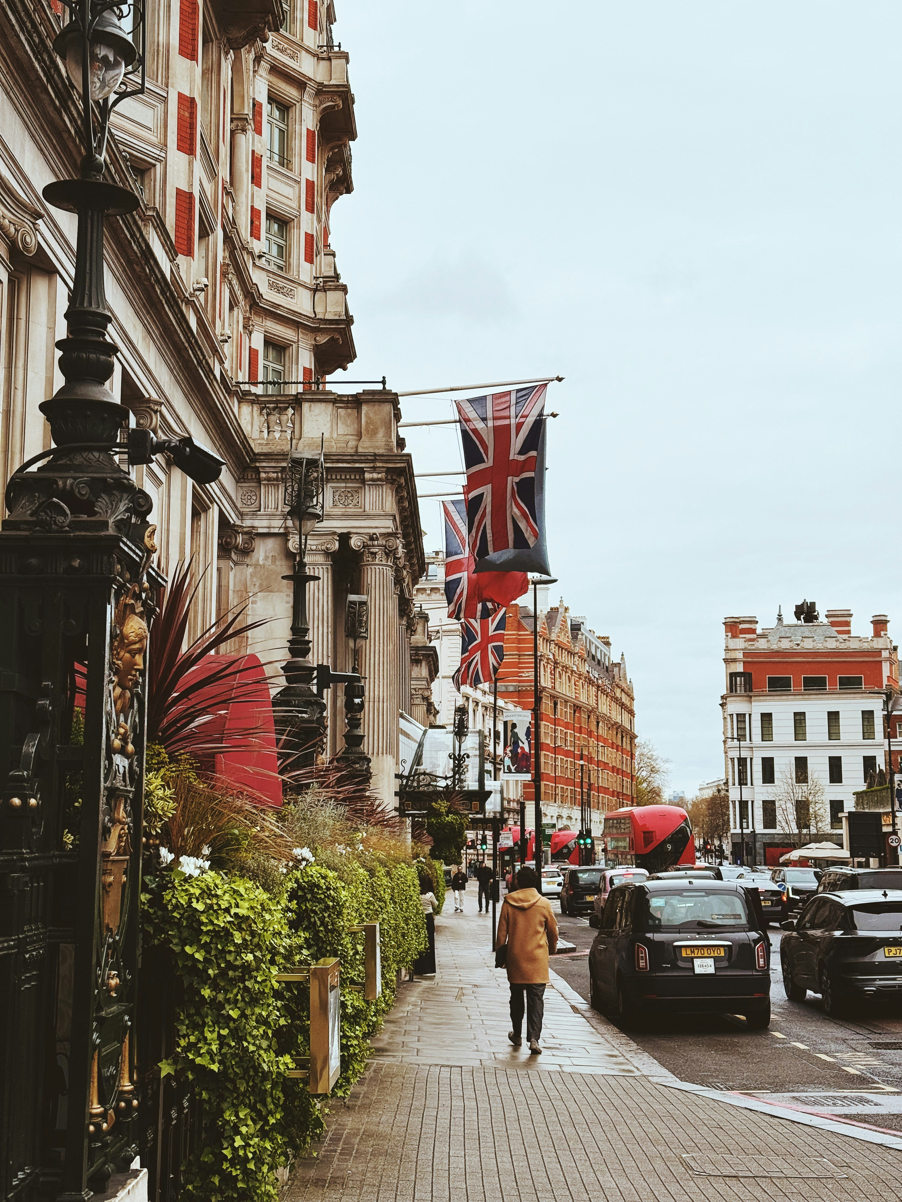 City Street in London: Flag-lined Pedestrian Path