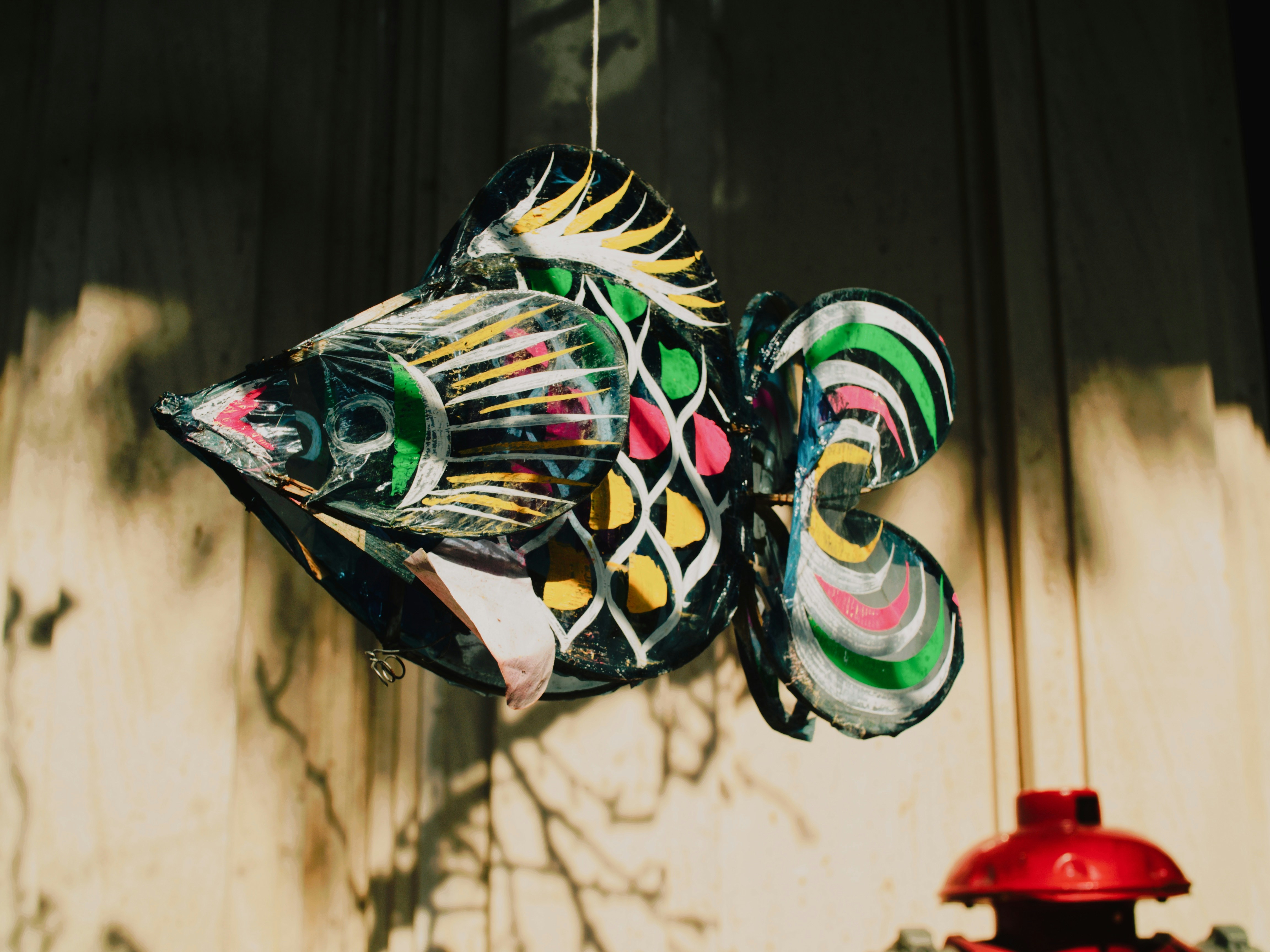 Whimsical Painted Fish Ornament Hanging in Sunlit Yard