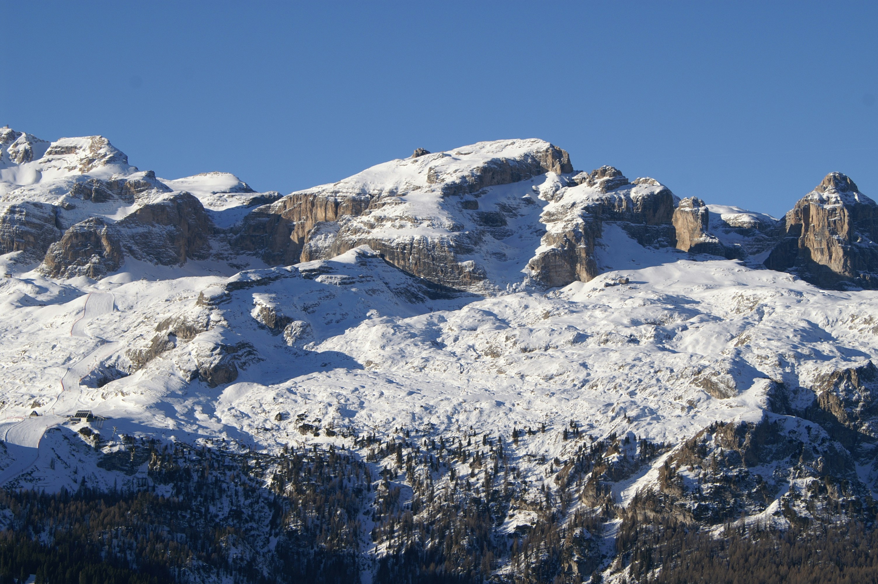 Snow-clad mountain ridges glow under a crisp blue sky, with dark forest at the base providing contrast.