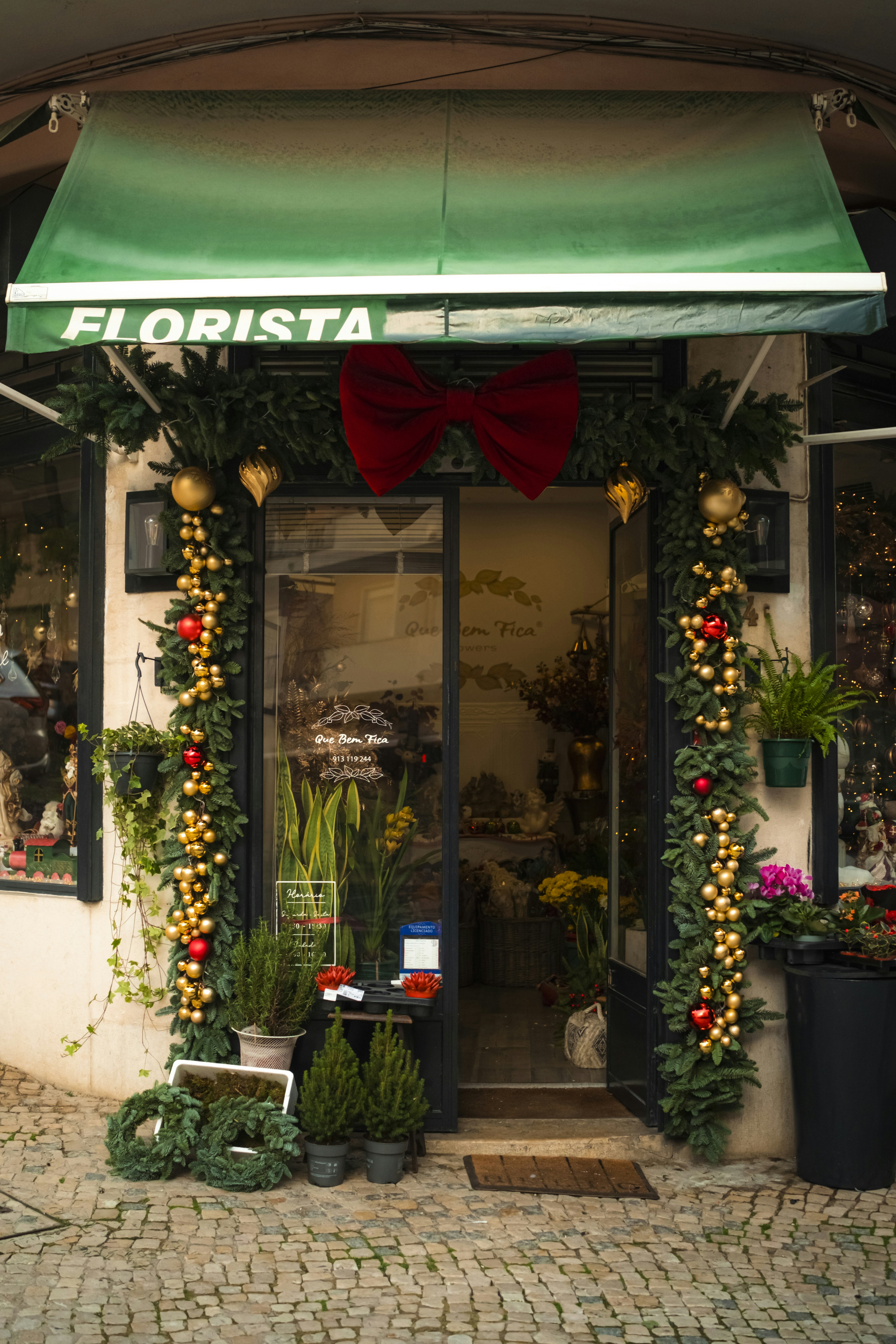 Festive Florist Facade: A Green Canopy Over a Floral Boutique