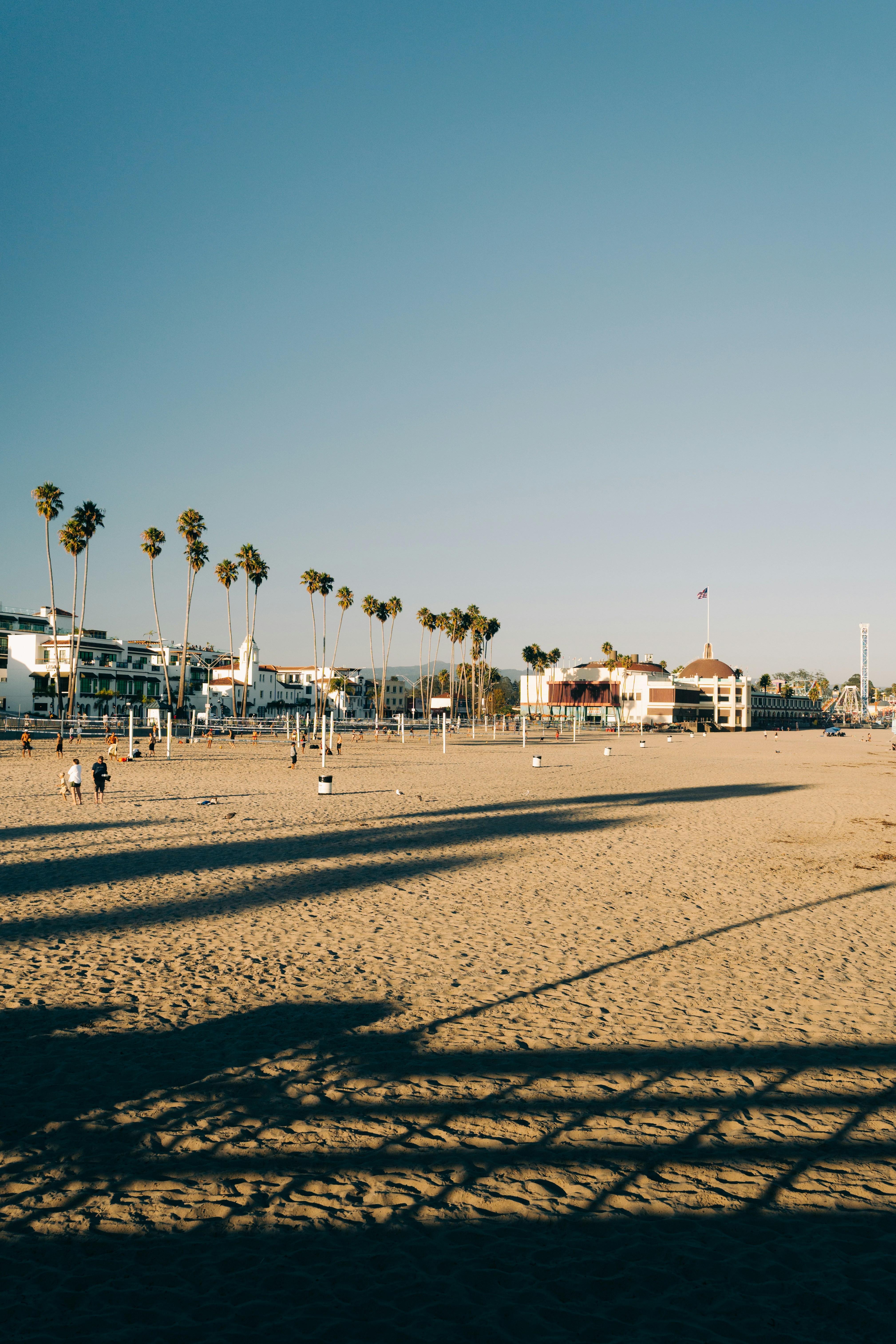 Palm-lined shoreline at golden hour with distant promenade
