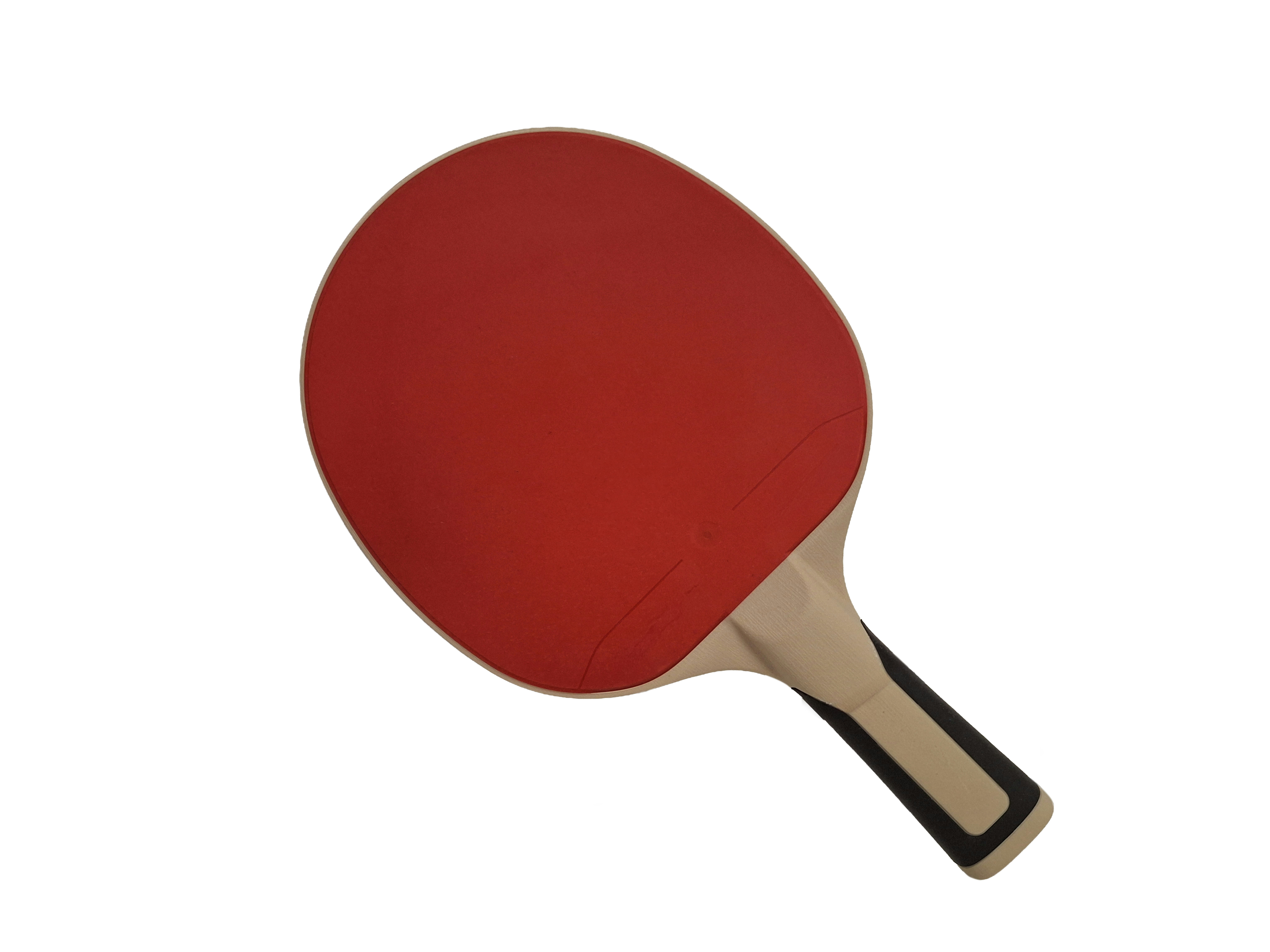 Red table tennis paddle with beige handle isolated on white background.