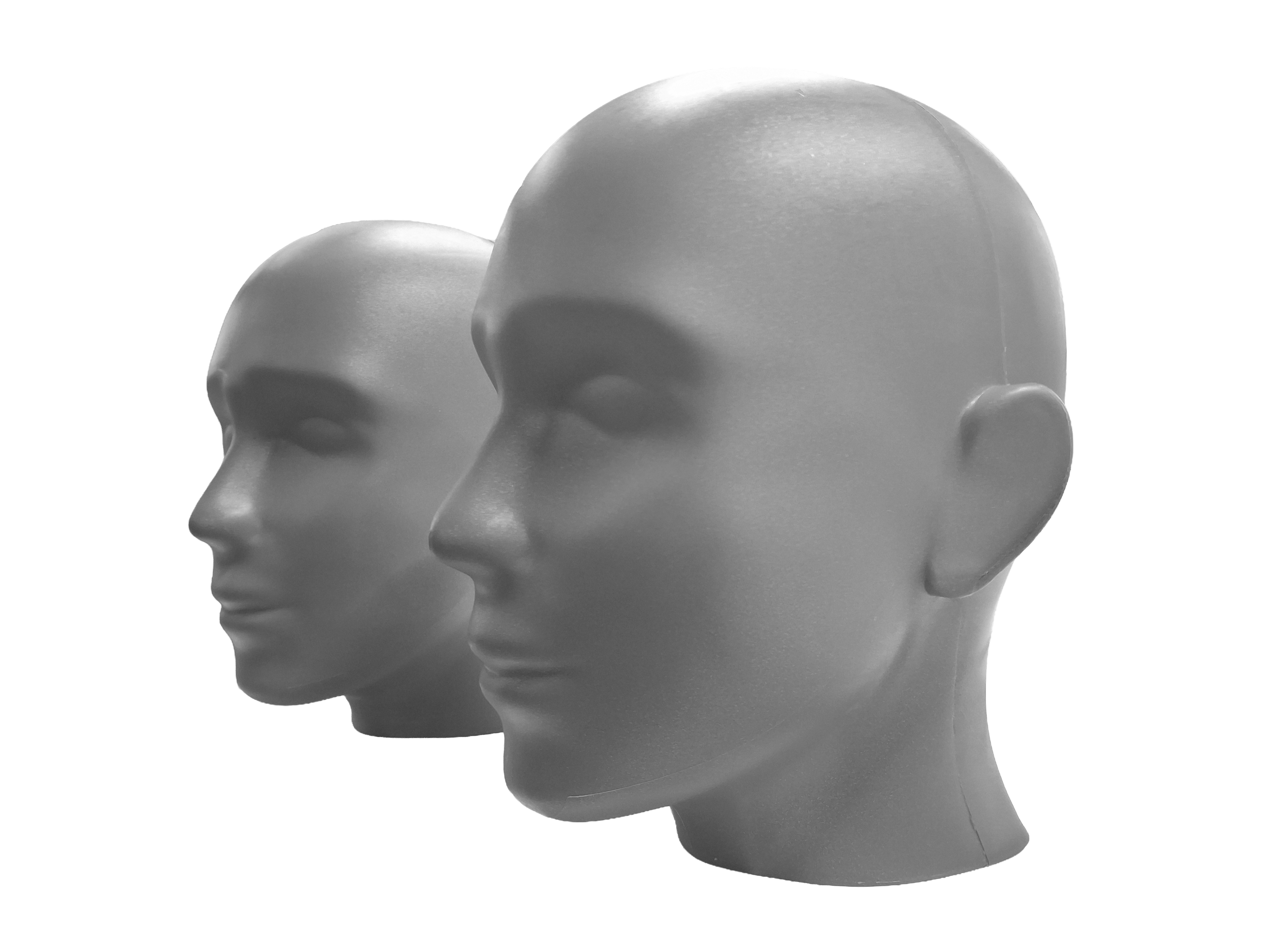 Two monochrome mannequin heads, one slightly behind the other, face left with smooth gradients and soft lighting. The image emphasizes form and contour without texture, suitable for study or display purposes.