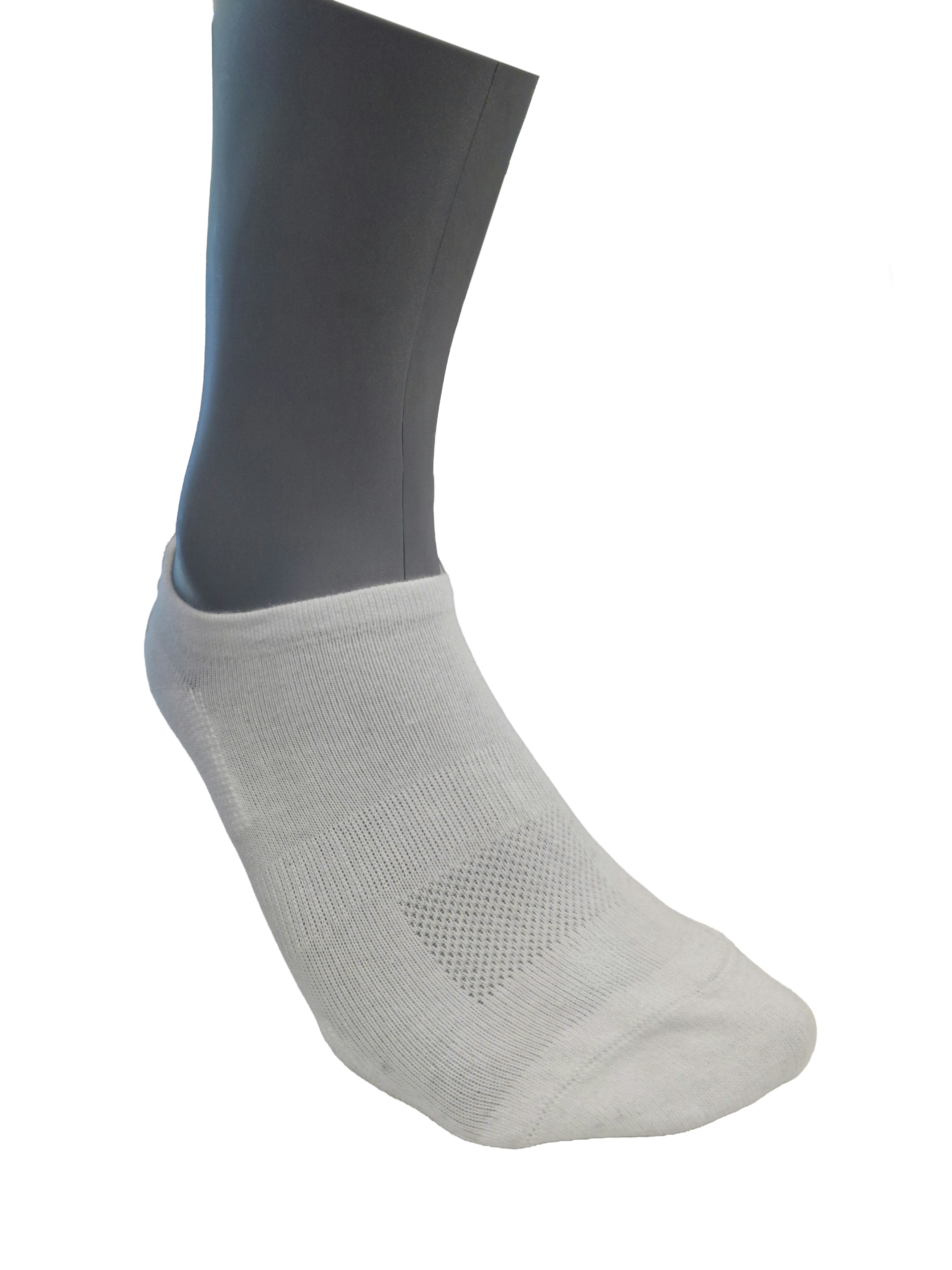White ankle sock displayed on a mannequin leg with a solid white background, highlighting texture and knit pattern.