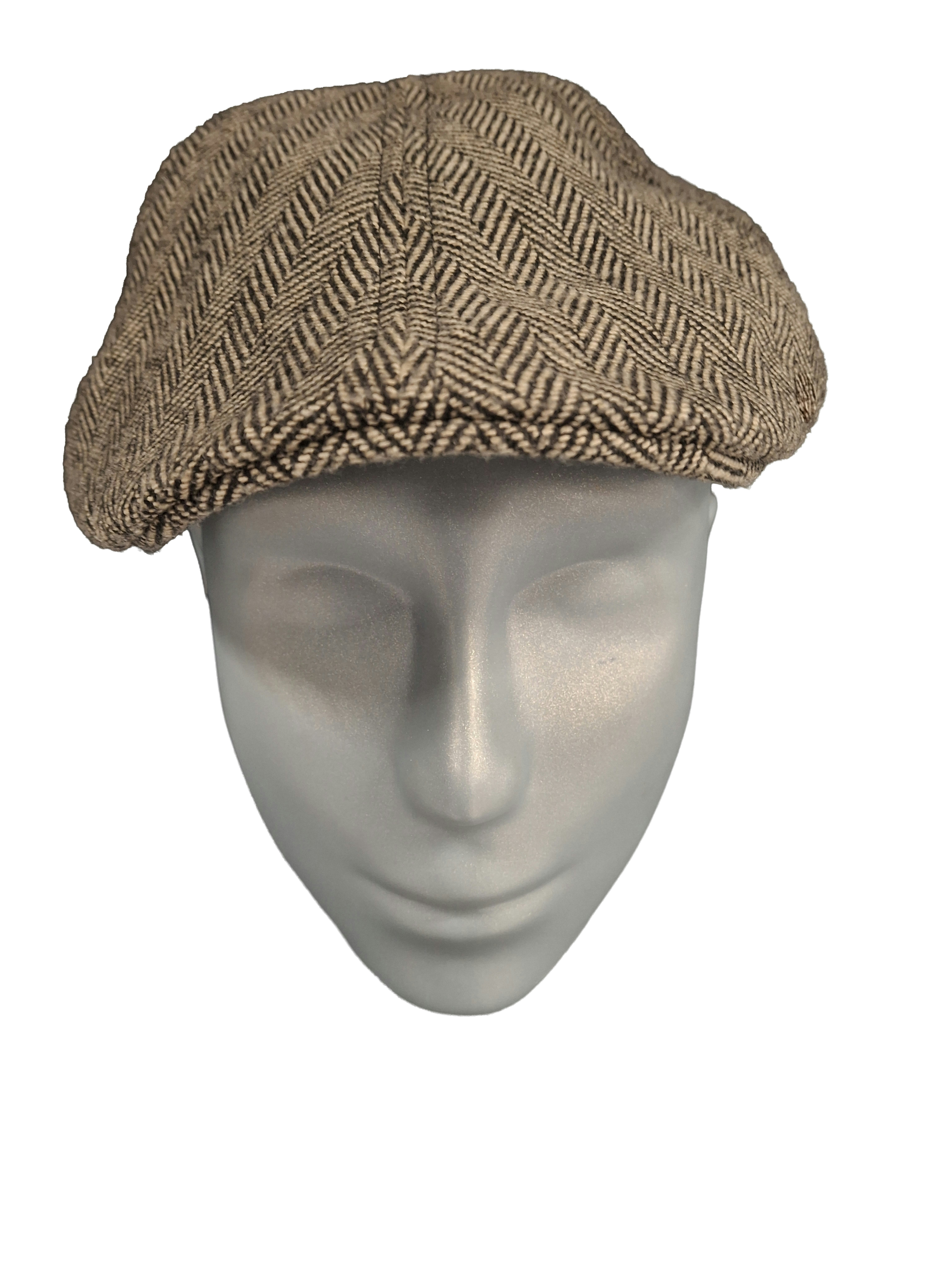 Textured herringbone newsboy cap perched on a featureless mannequin head, isolated on white; a simple, vintage accessory presentation.