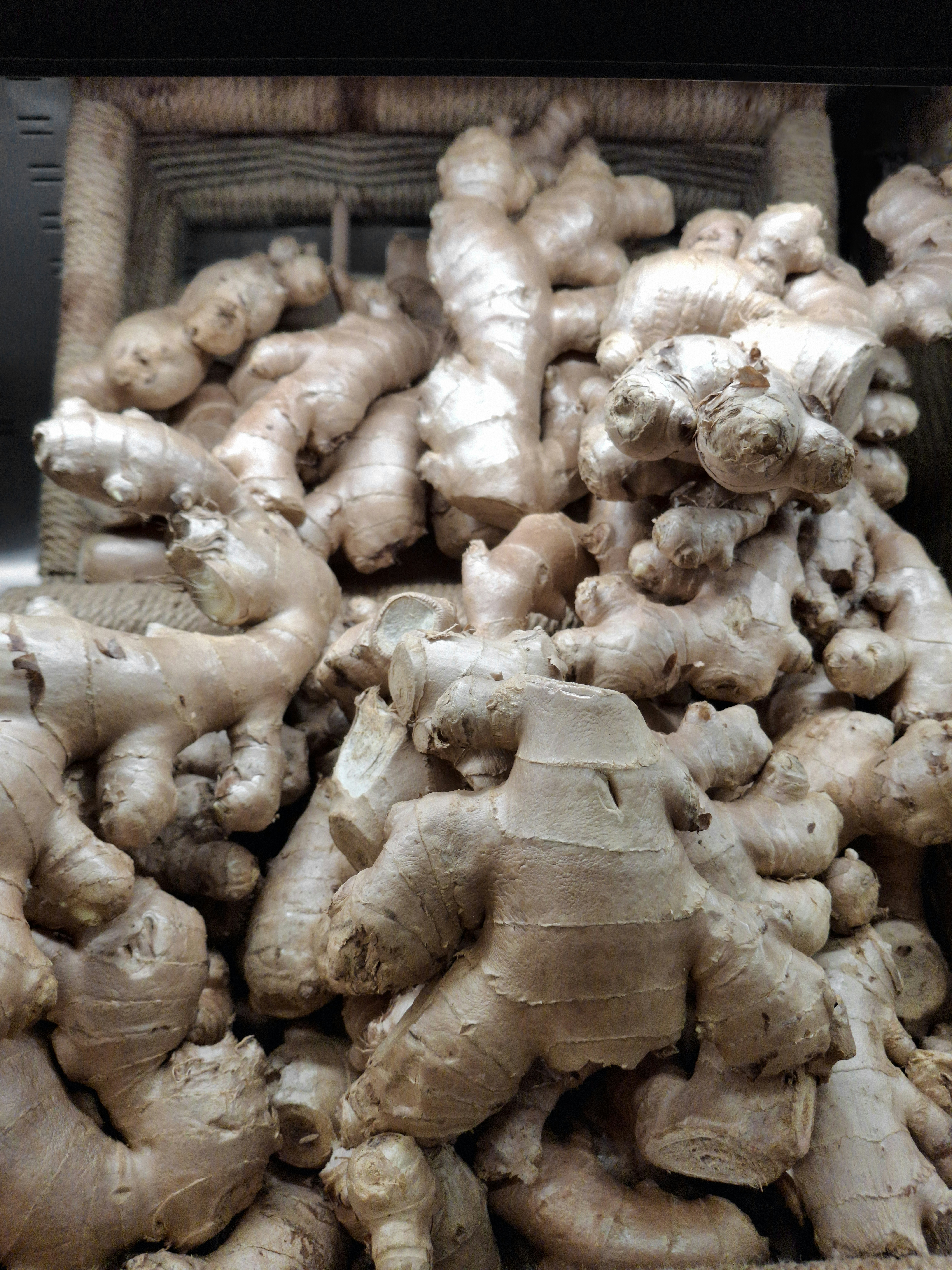 Close-up of pale ginger roots piled in a crate, showcasing knobby, irregular shapes and earthy tones.